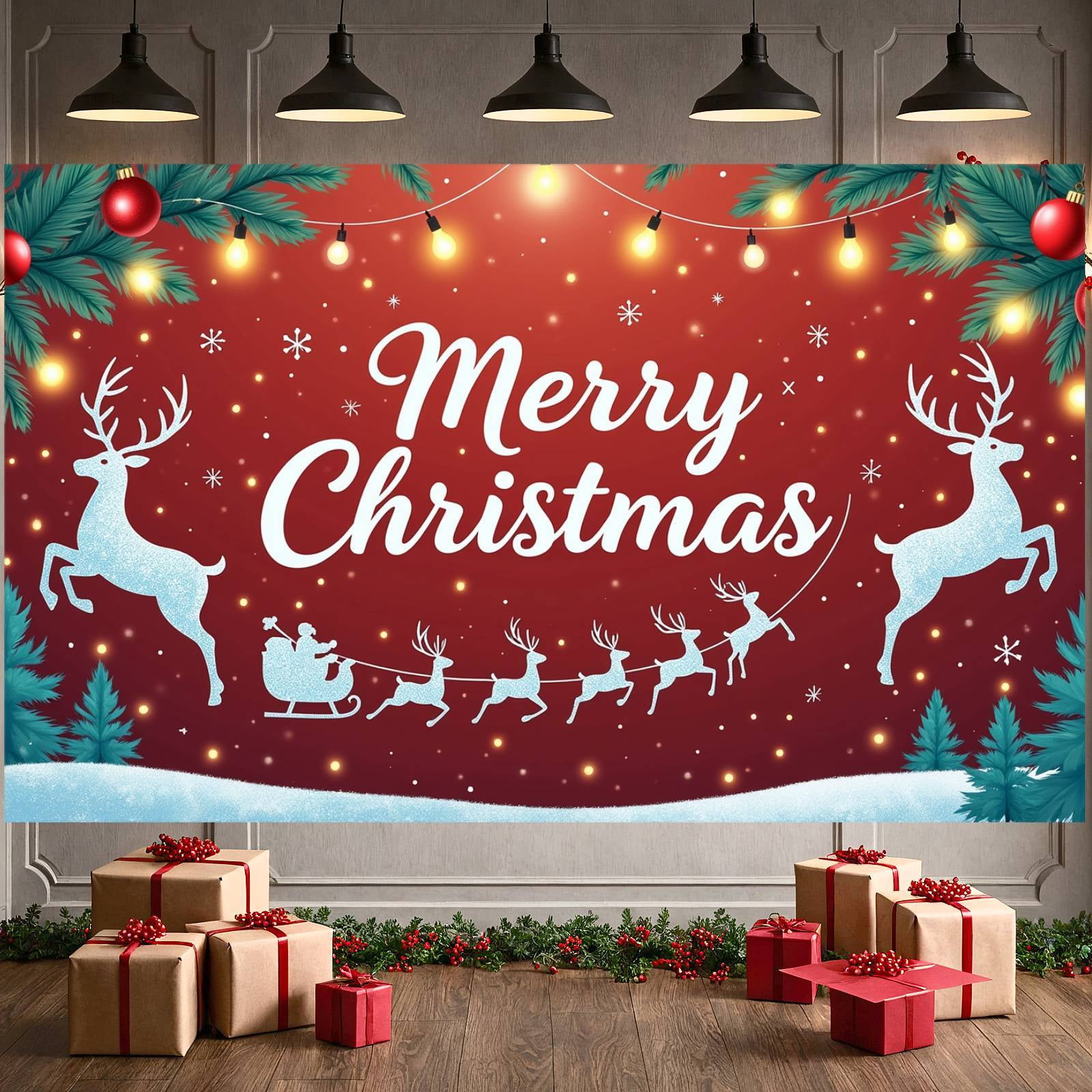Red Background Merry Christmas Banner Reindeer Pattern Xmas Display ...