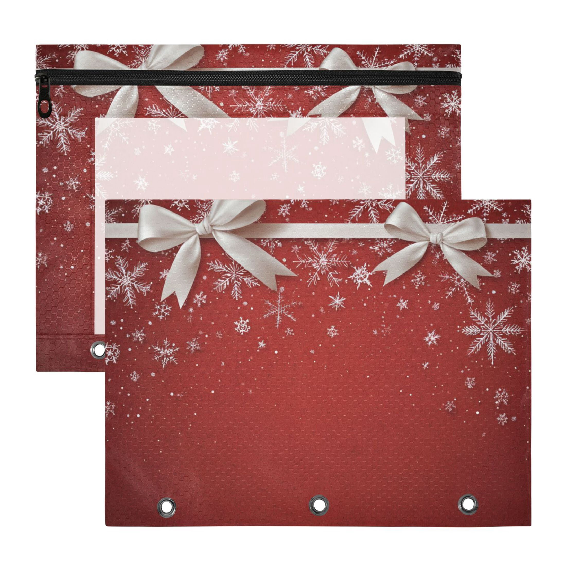 Red Background Silk Bows Snowflakes Christmas 3-Ring Binder Pocket with ...
