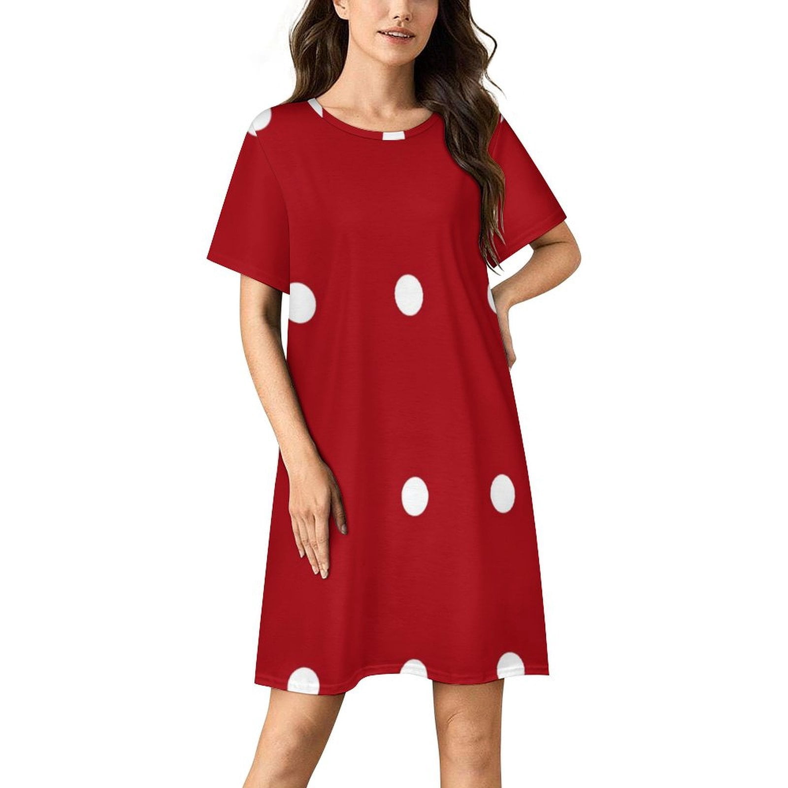 Red Background White Polka Dots Women Nightgown Sleepwear Short Sleeves ...