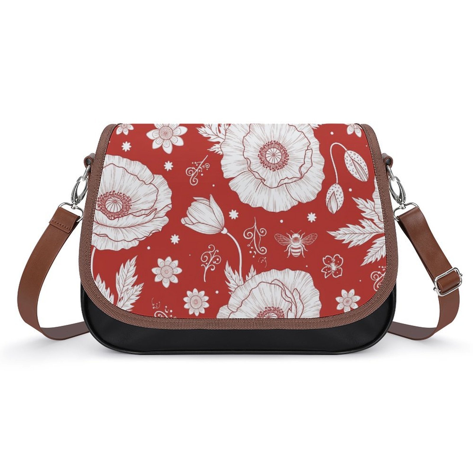 Red Background White Poppies Floral Bees Vintage Crossbody Bag For ...