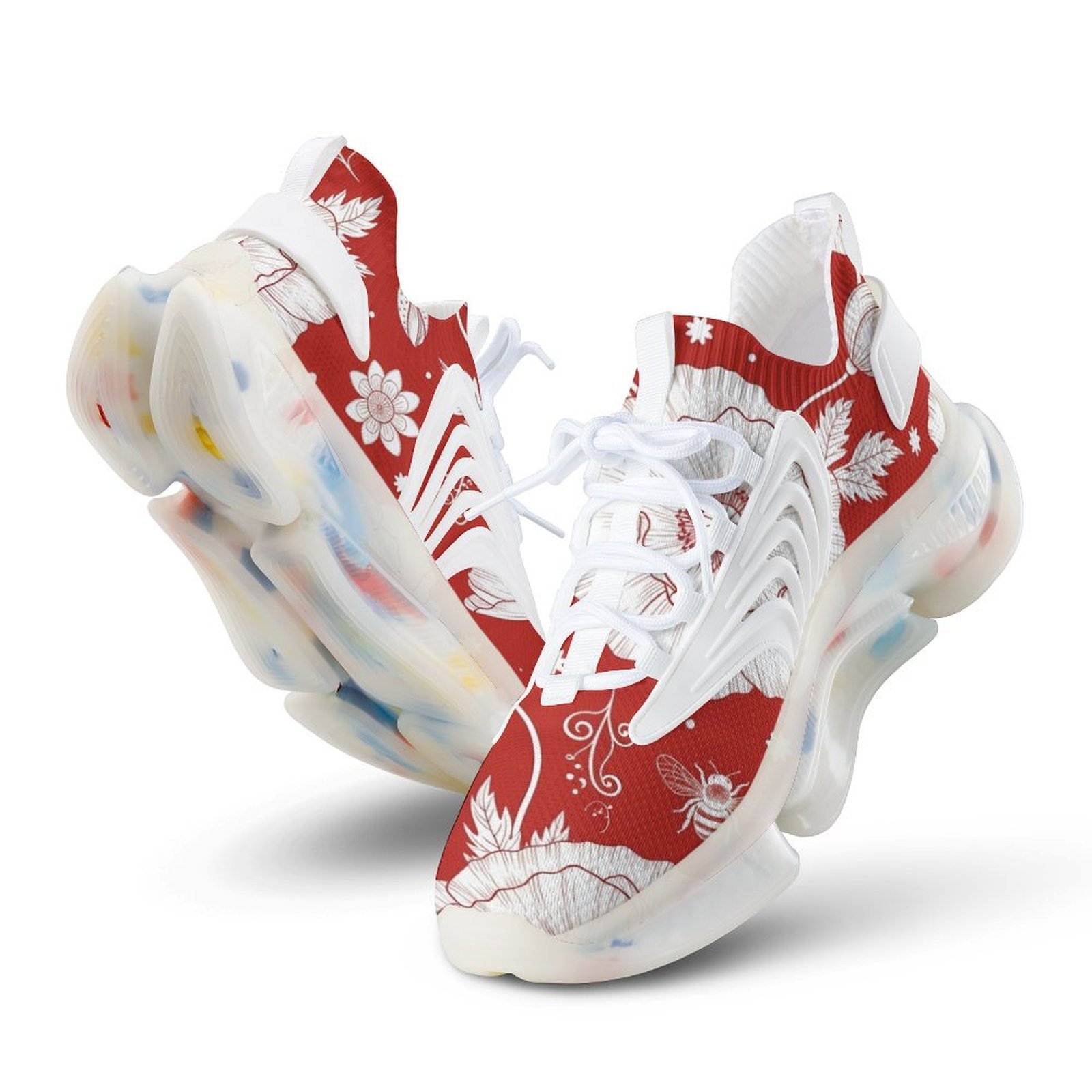 Red Background White Poppies Floral Bees Walking Shoes for Men Woman ...