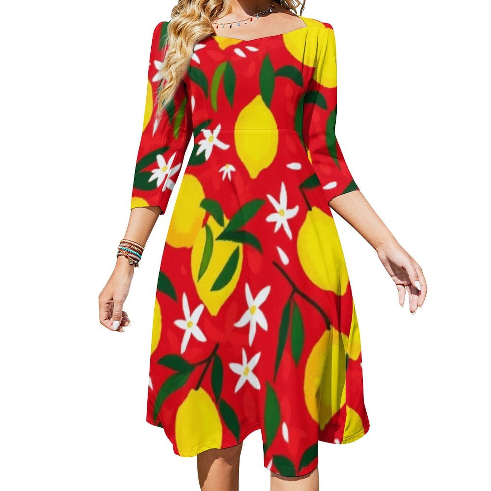 Red Background Yellow Lemons Flowers Women's 3/4 Sleeve Dresses Elegant ...