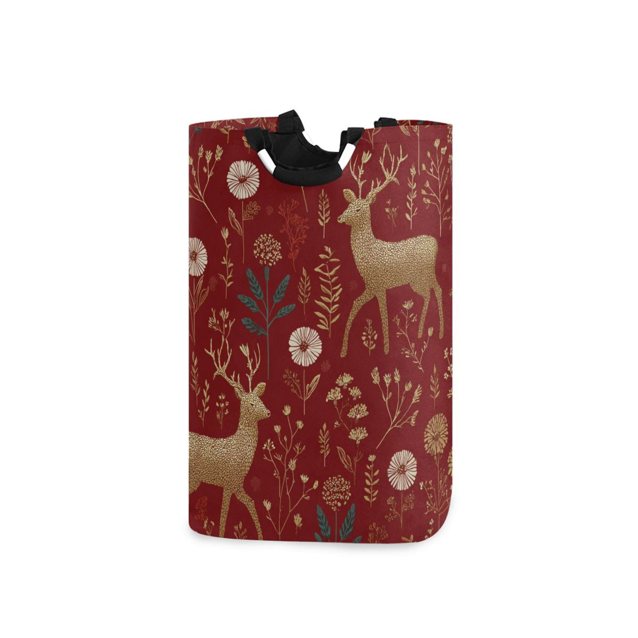Red Background with Golden Deer Flowers Christmas Laundry Basket with ...