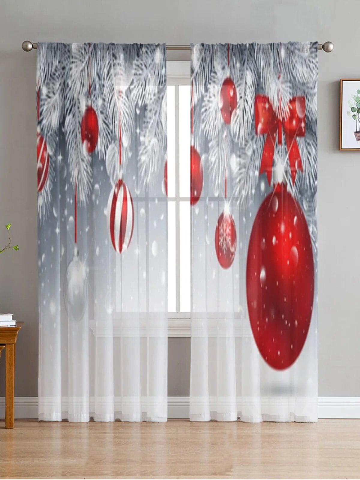 Red Balls And Fir Branches Sheer Curtains For Living Room Bedroom ...