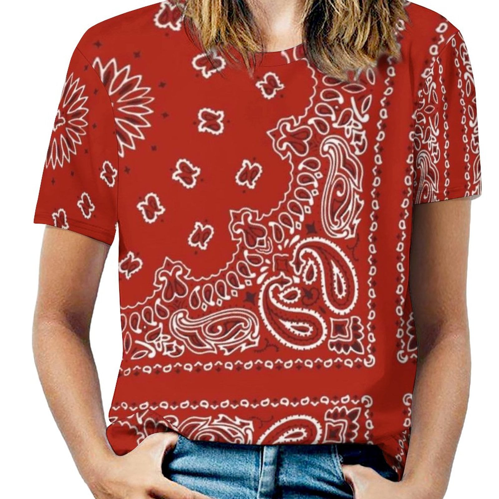 Red Bandana New Fashion Zip Off Shoulder Top Short-Sleeve Women Shirt ...