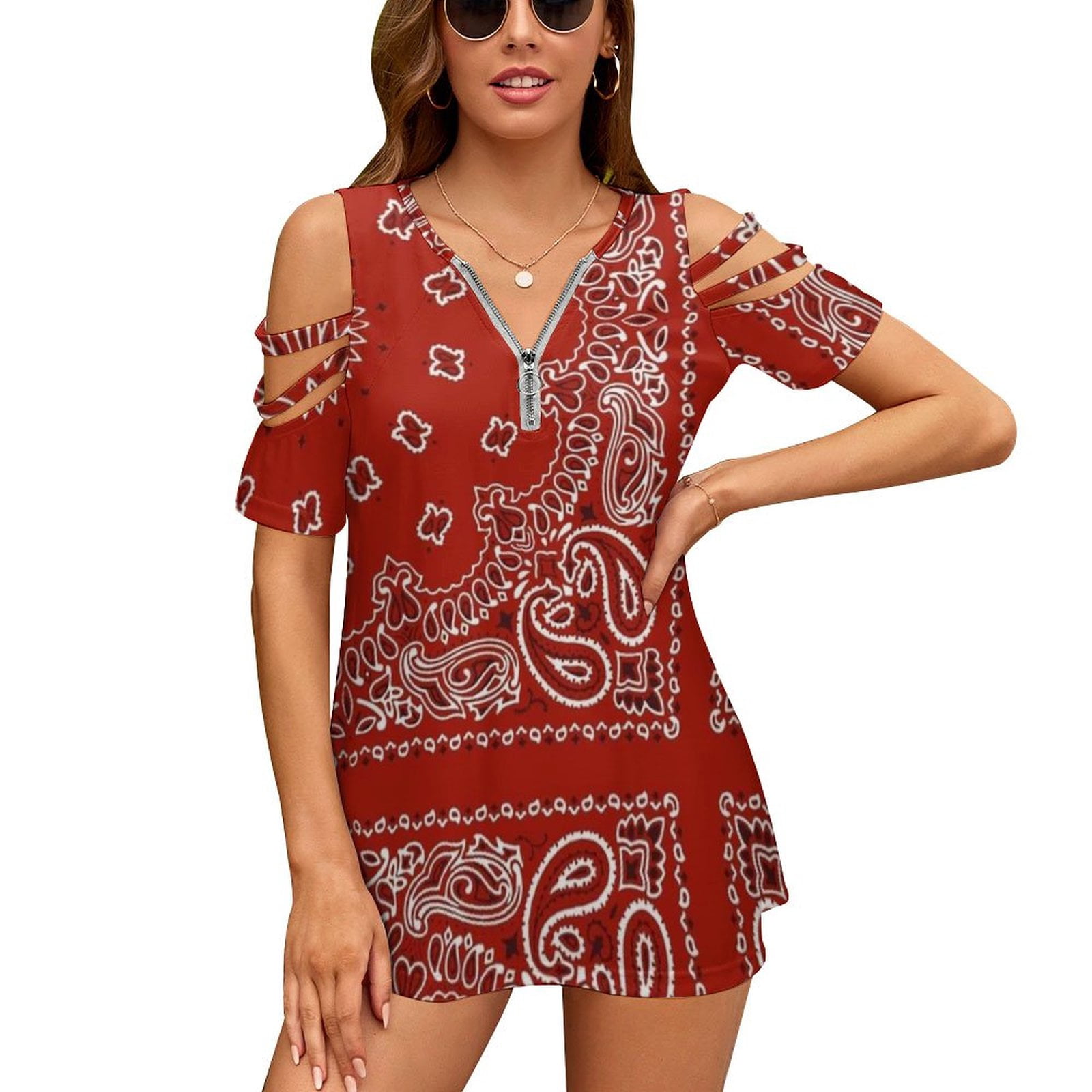 Red Bandana New Fashion Zip Off Shoulder Top Short-Sleeve Women Shirt ...