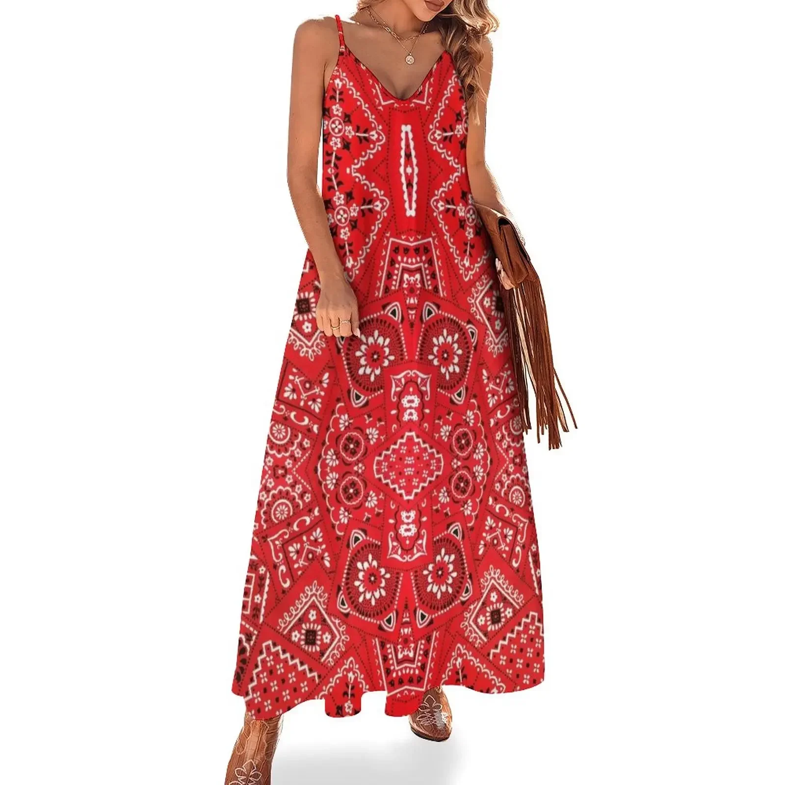 Red Bandanna Pattern Sleeveless Dress Woman clothing beach dresses Dress - Walmart.com