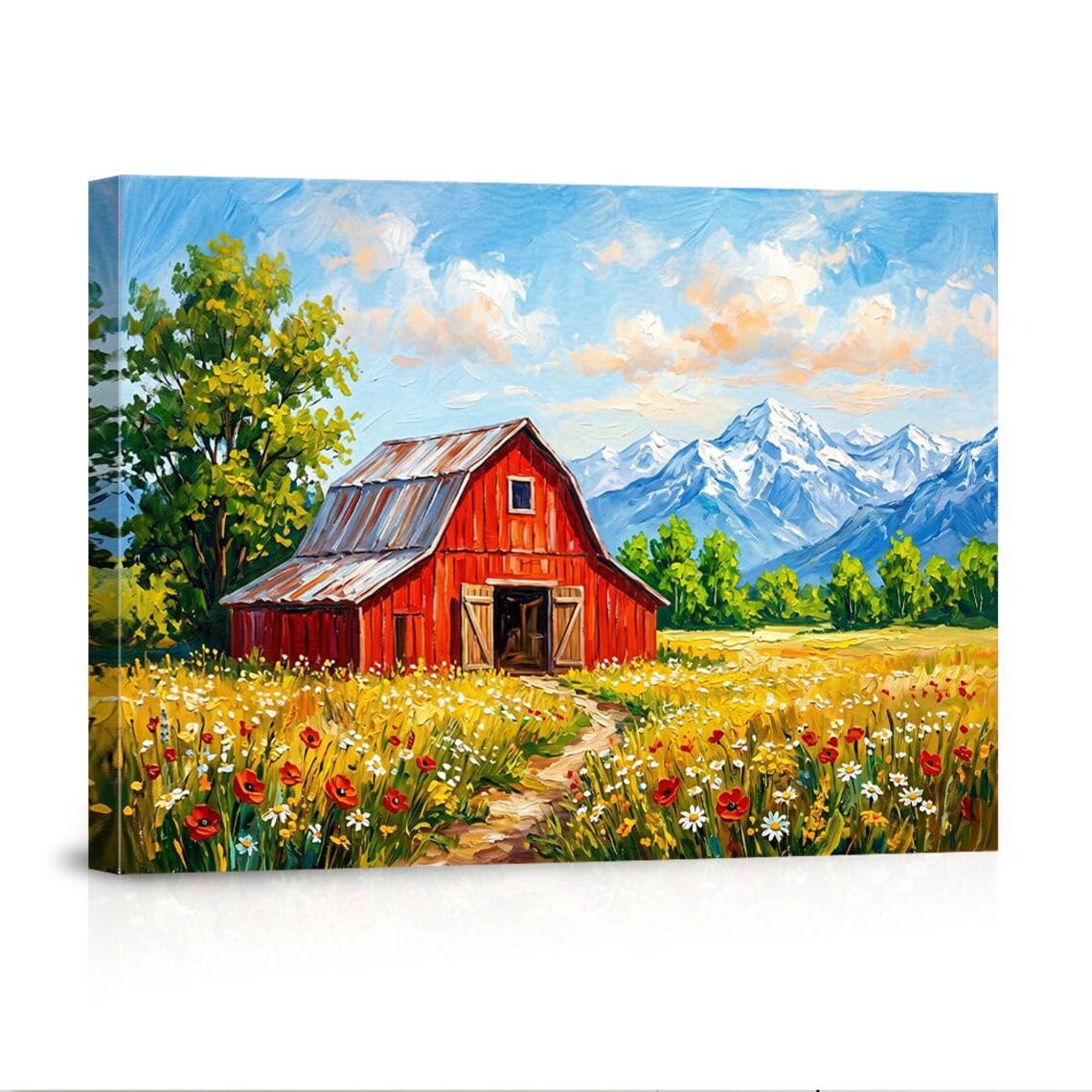 Red Barn And Wildflower Field Farmhouse Mountain Landscape For Rustic ...