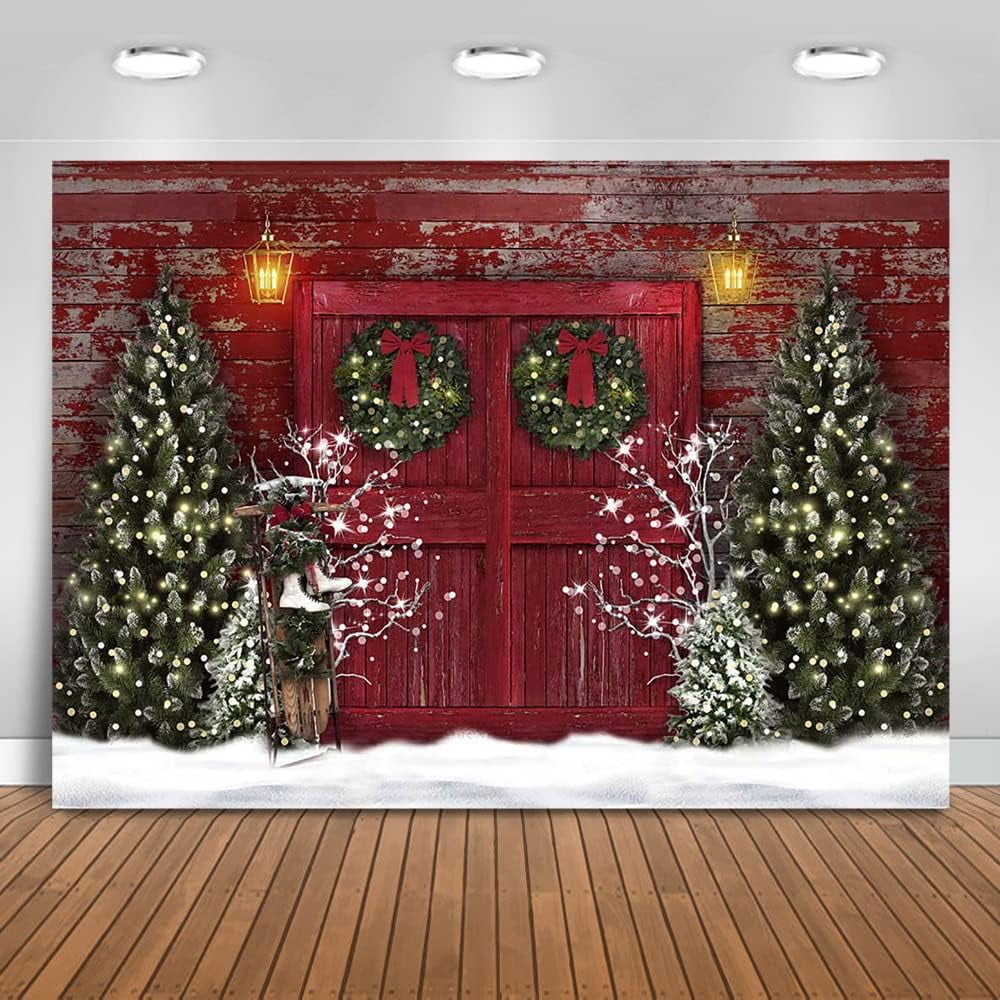 Red Barn Door Rustic Christmas Backdrop Christmas Tree Snowy ...