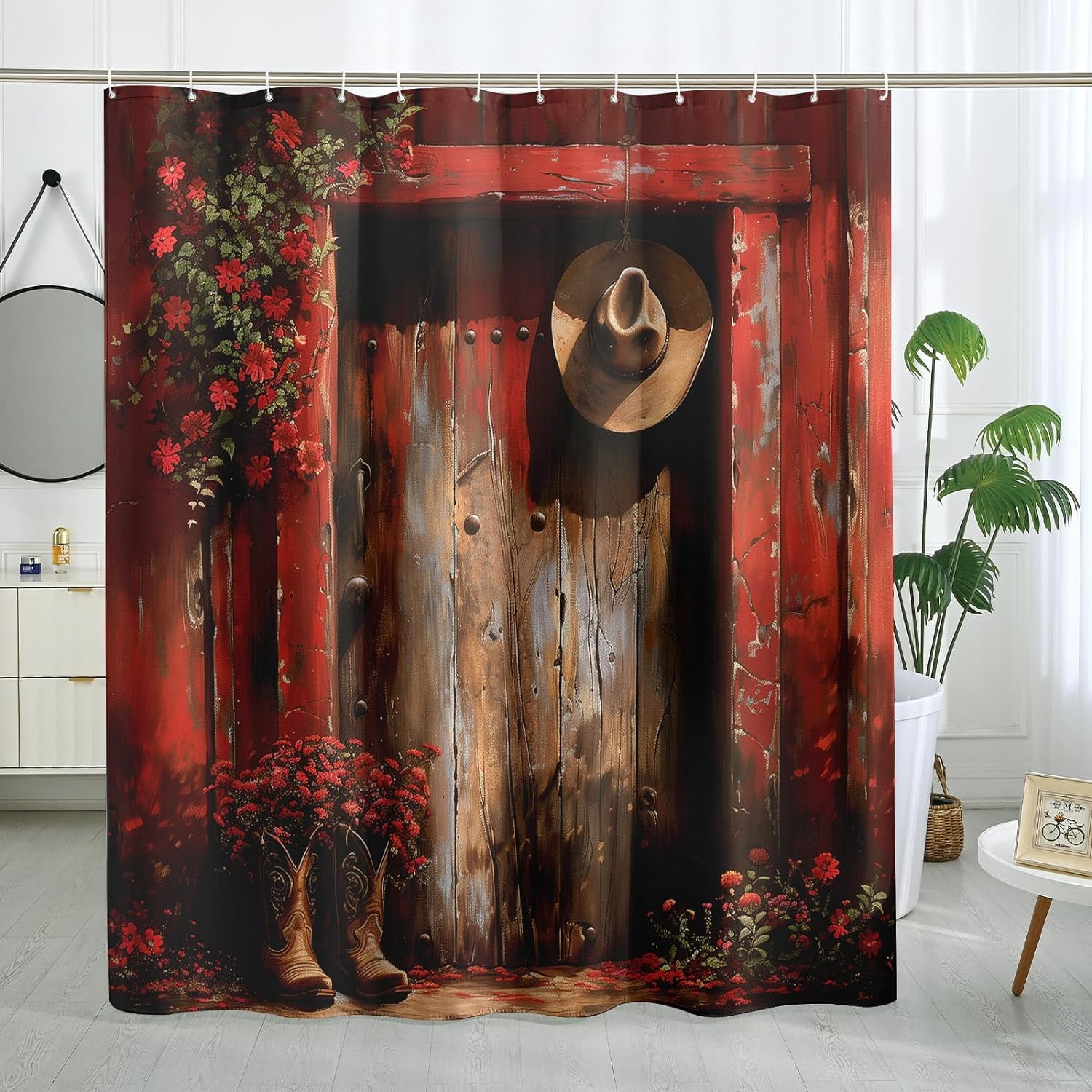 Red Barn Door Shower Curtain Set, Rustic Wood Shower Curtain Country ...