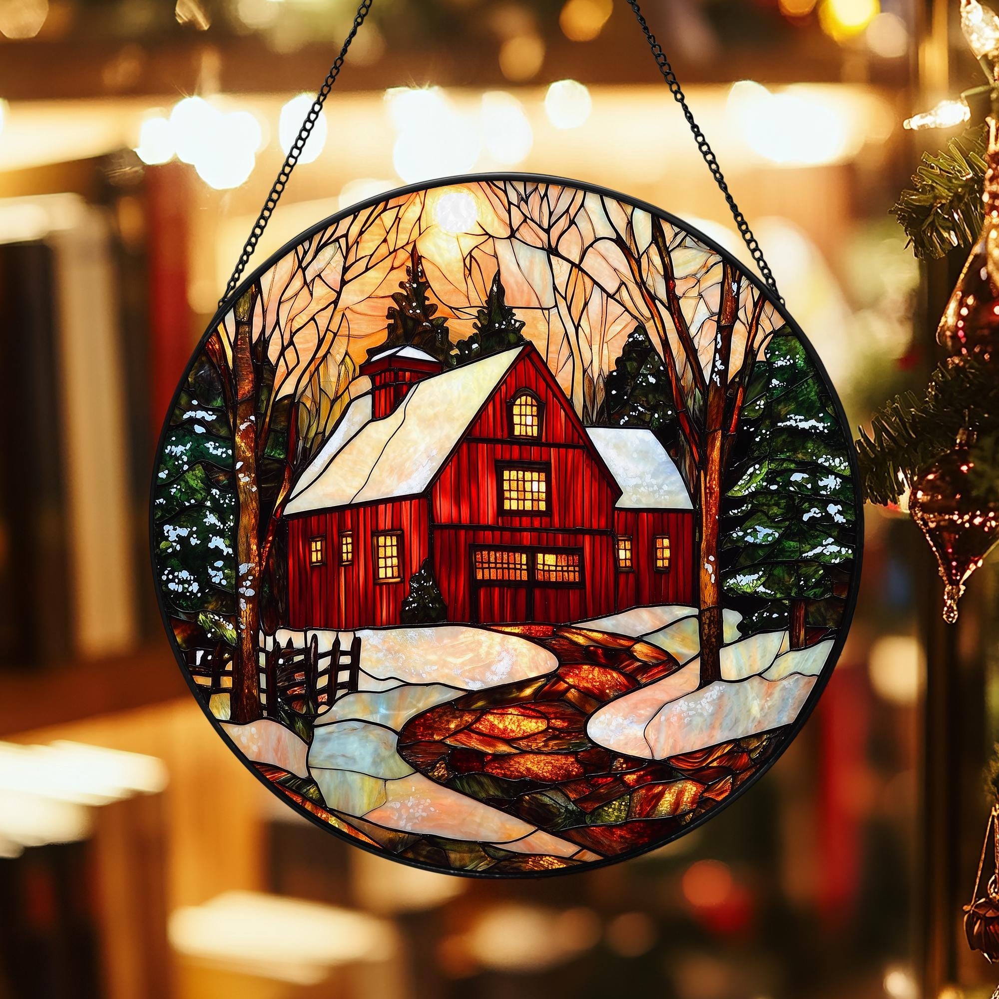 Red Barn Faux Stained Glass Suncatcher, Snowy Farmhouse Window Hanging ...