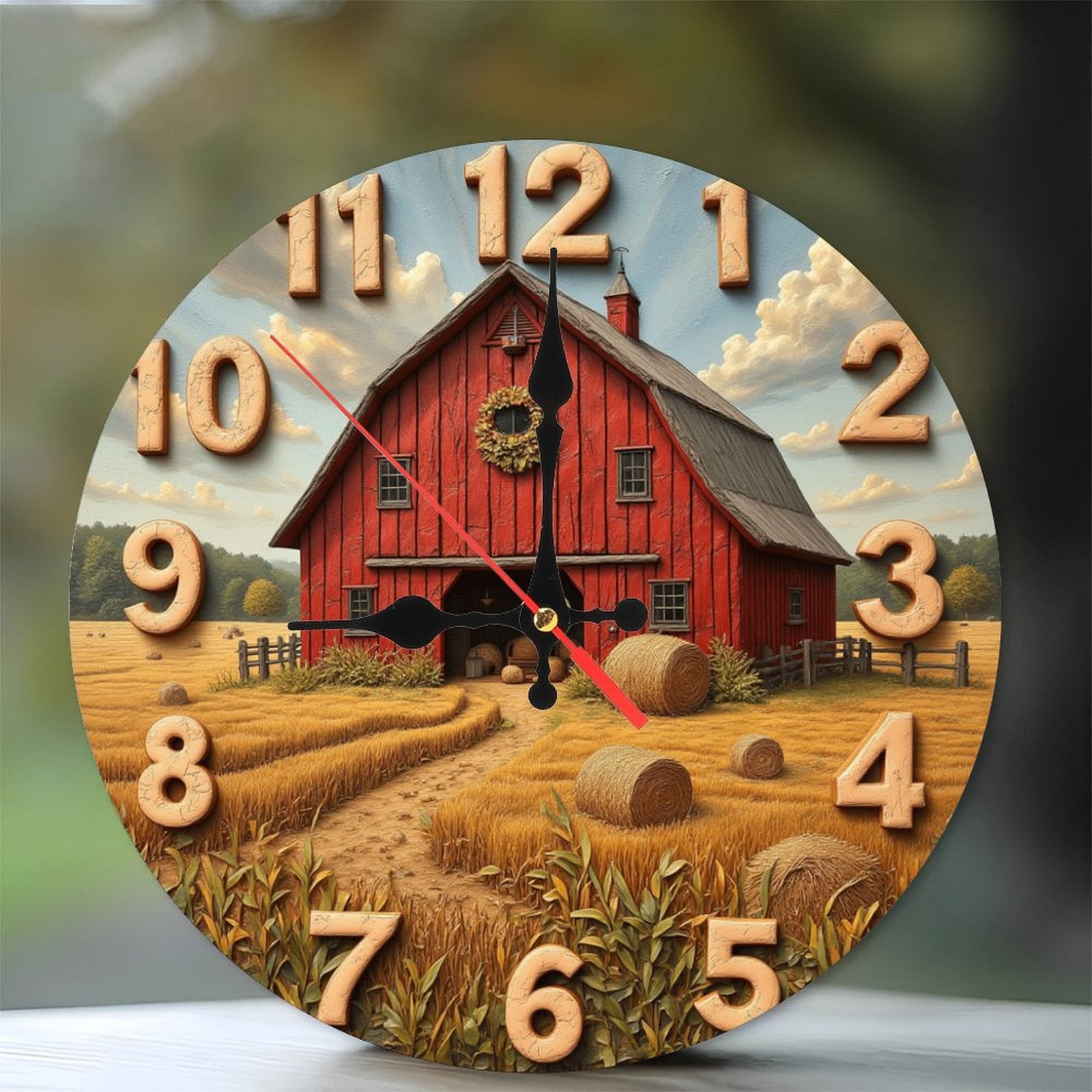 Red Barn Hay Bales Rustic Farmhouse Clock Wall Decor 10-Inch Silent ...