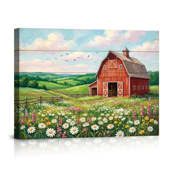 Red Barn In Wildflower Field At Sunny Countryside Rustic Farm Life ...