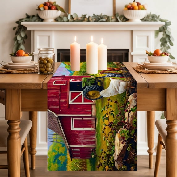 Red Barn Table Runner, Chickens Rooster Windmill Farmhouse Sunflowers ...