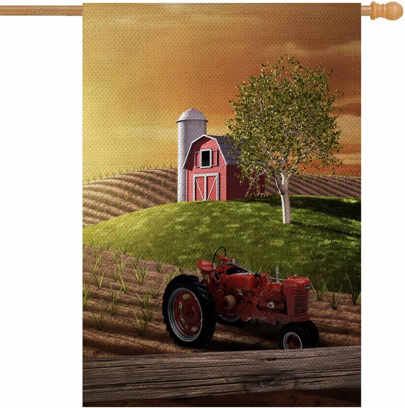 Red Barn and Tractor House Flag Vertical Double Sided Burlap Sun Rising ...