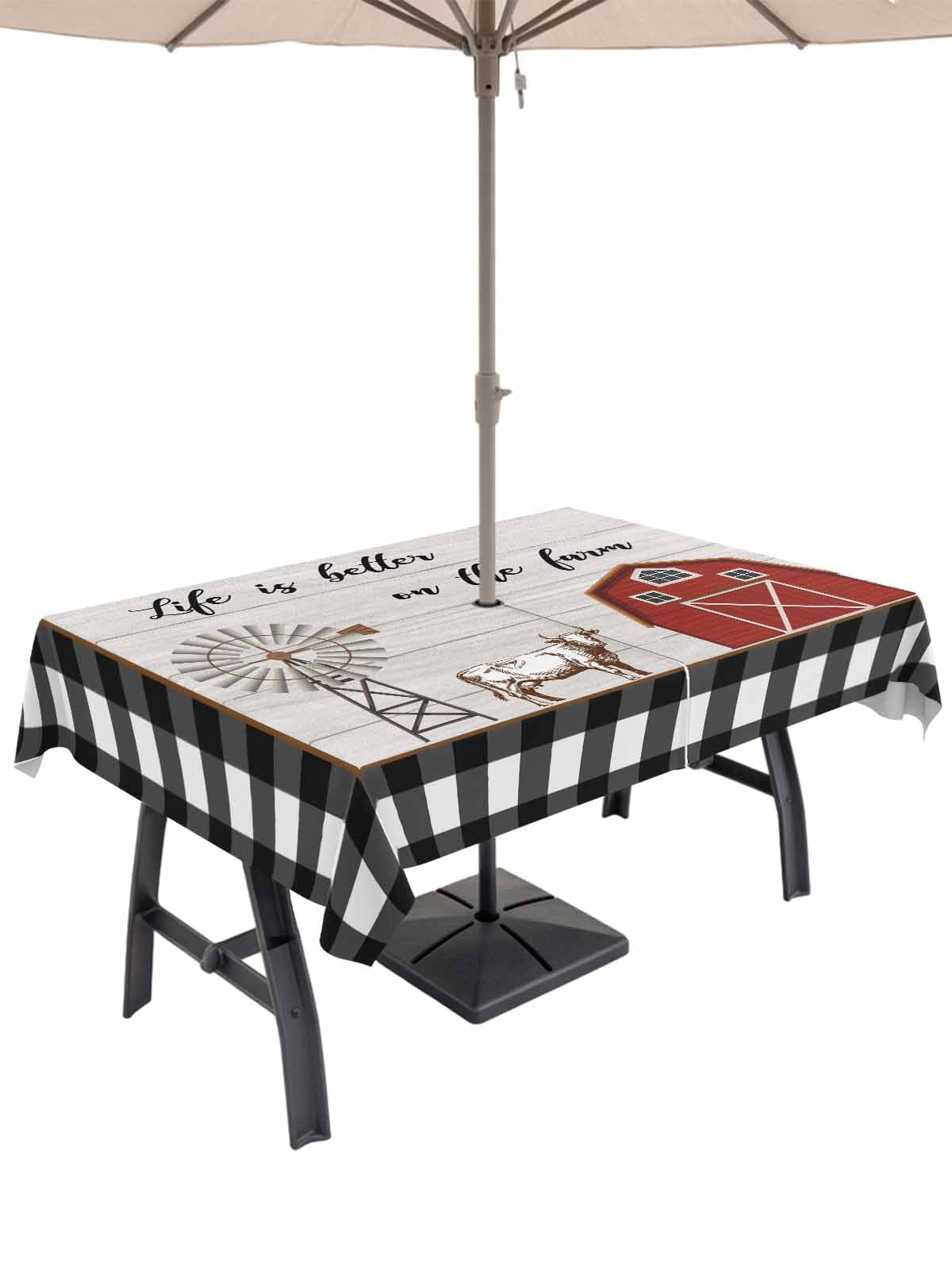 Red Barn Windmill Rectangle Outdoor Tablecloth with Umbrella Hole Farm ...