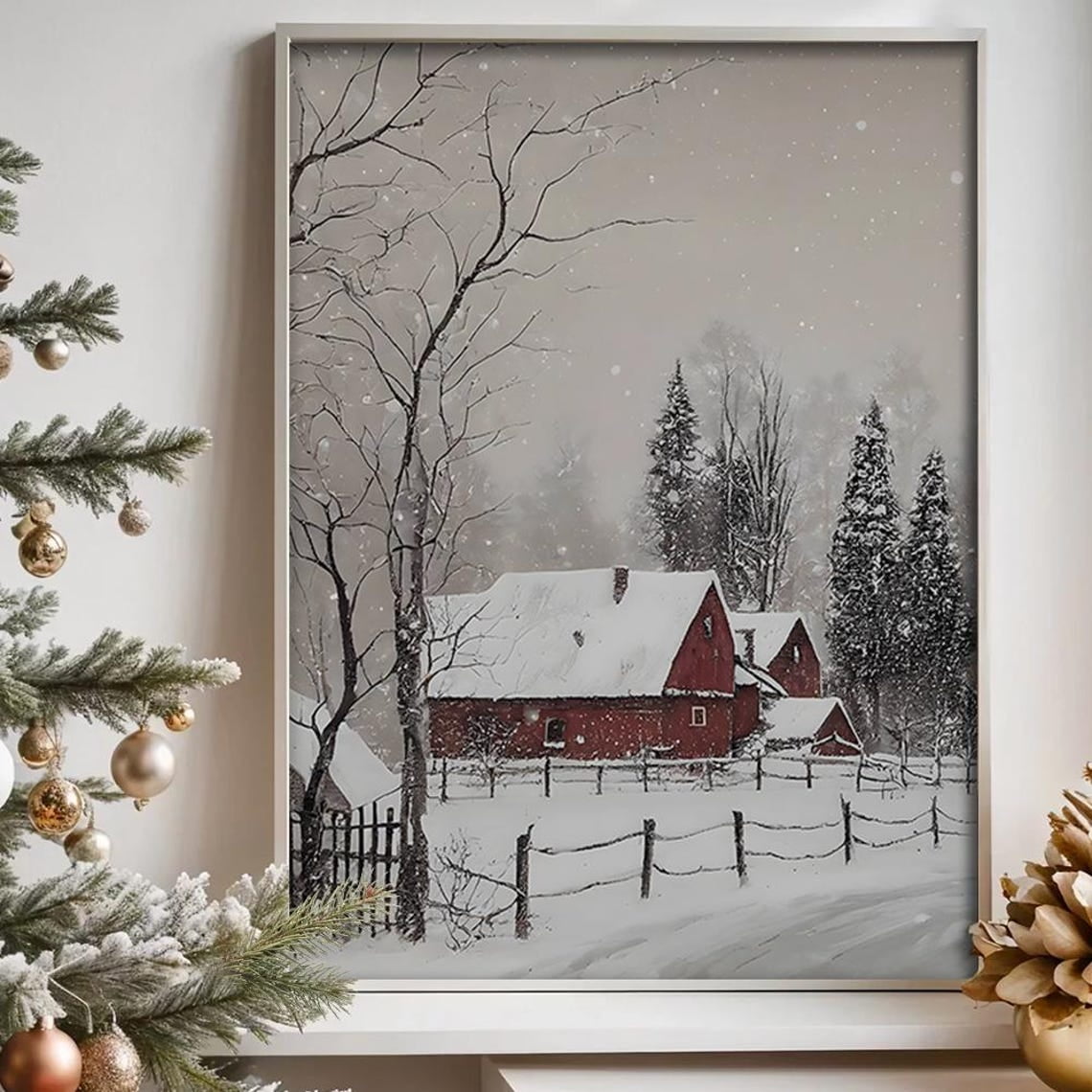 Red Barn Winter Landscape Art Rustic Farmhouse Winter Holiday Decor ...