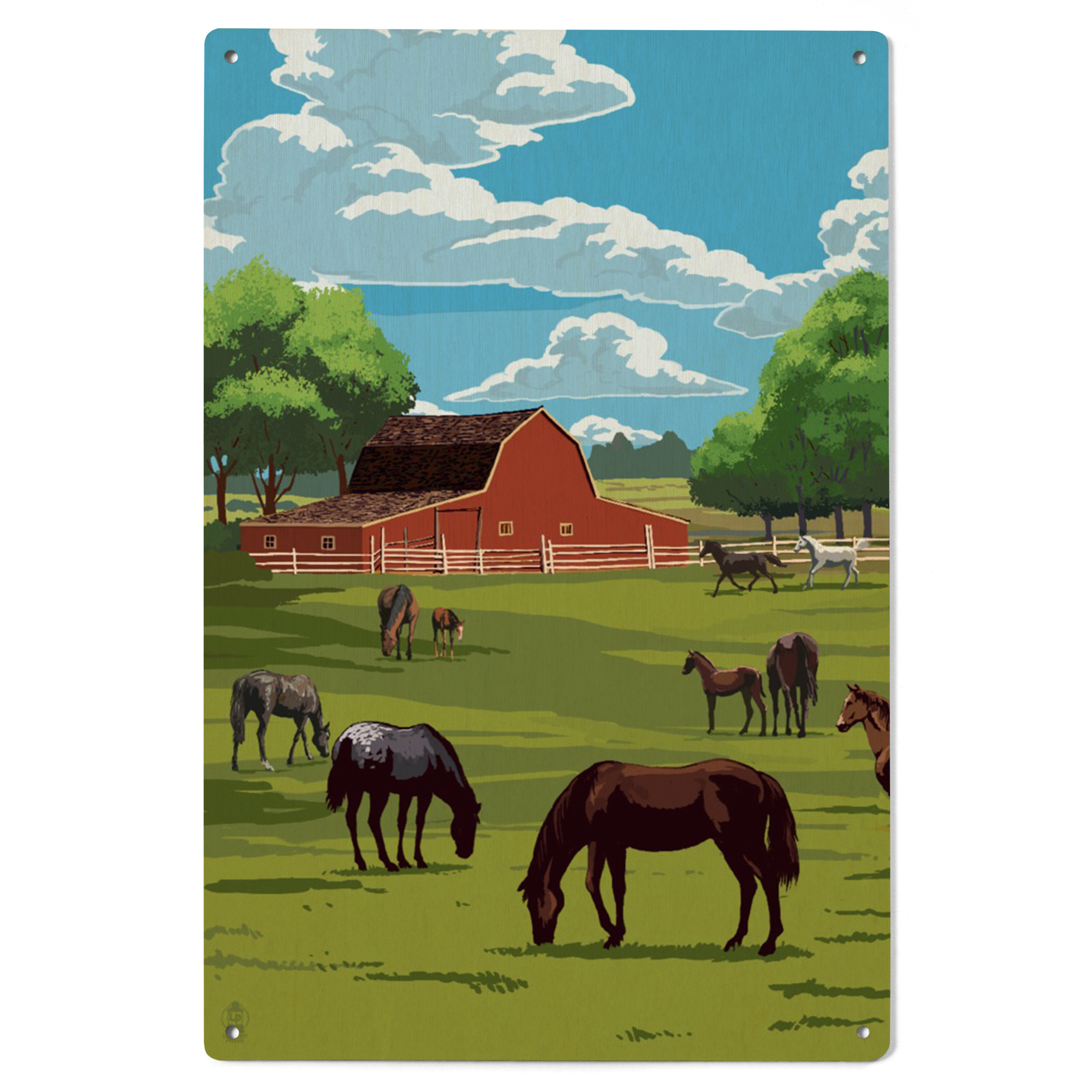 Red Barn with Field of Horses Birch Wood Wall Sign (6x9 Rustic Home ...
