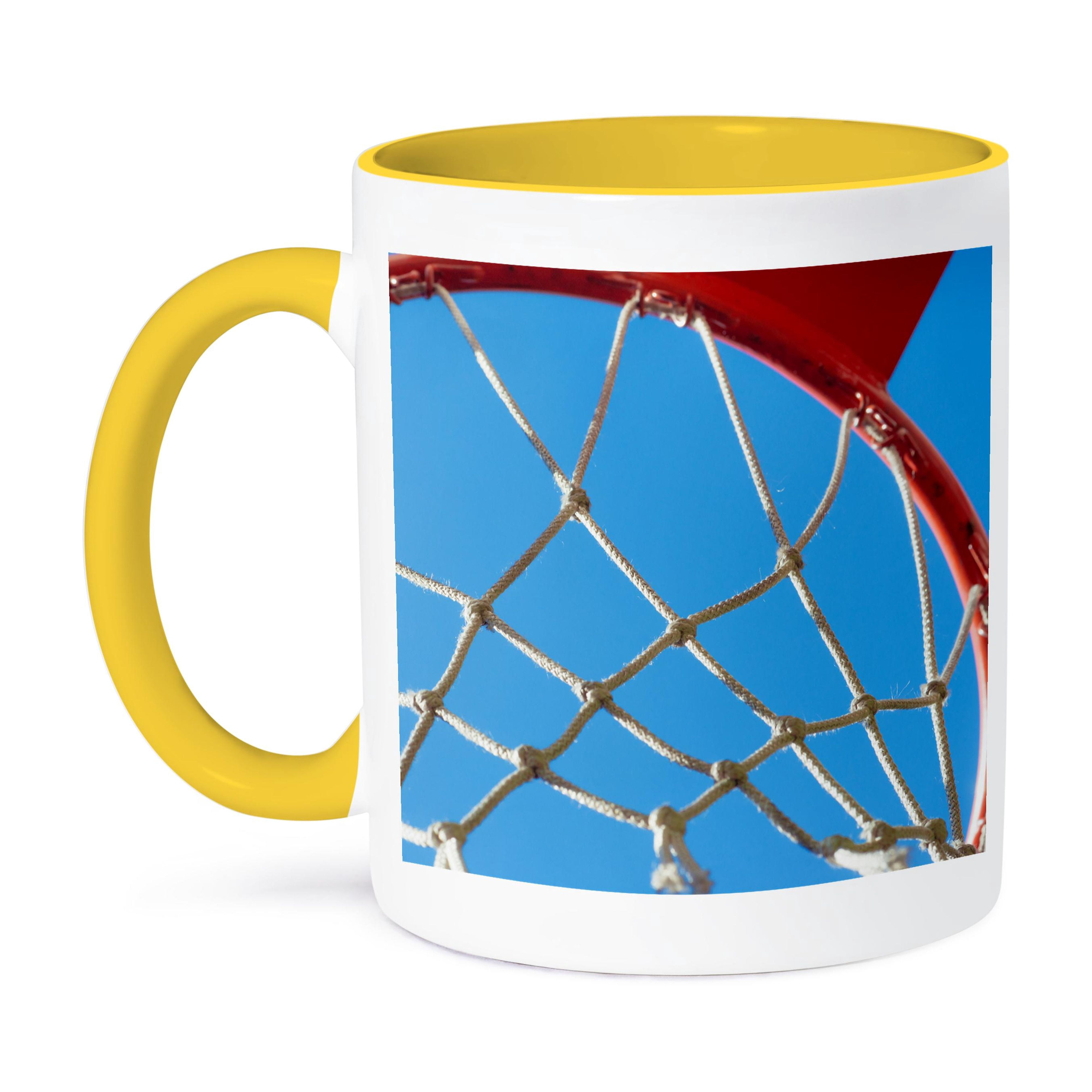 Red Basketball Hoop, White Net, Blue Sky, 15oz Two-Tone Yellow Mug ...