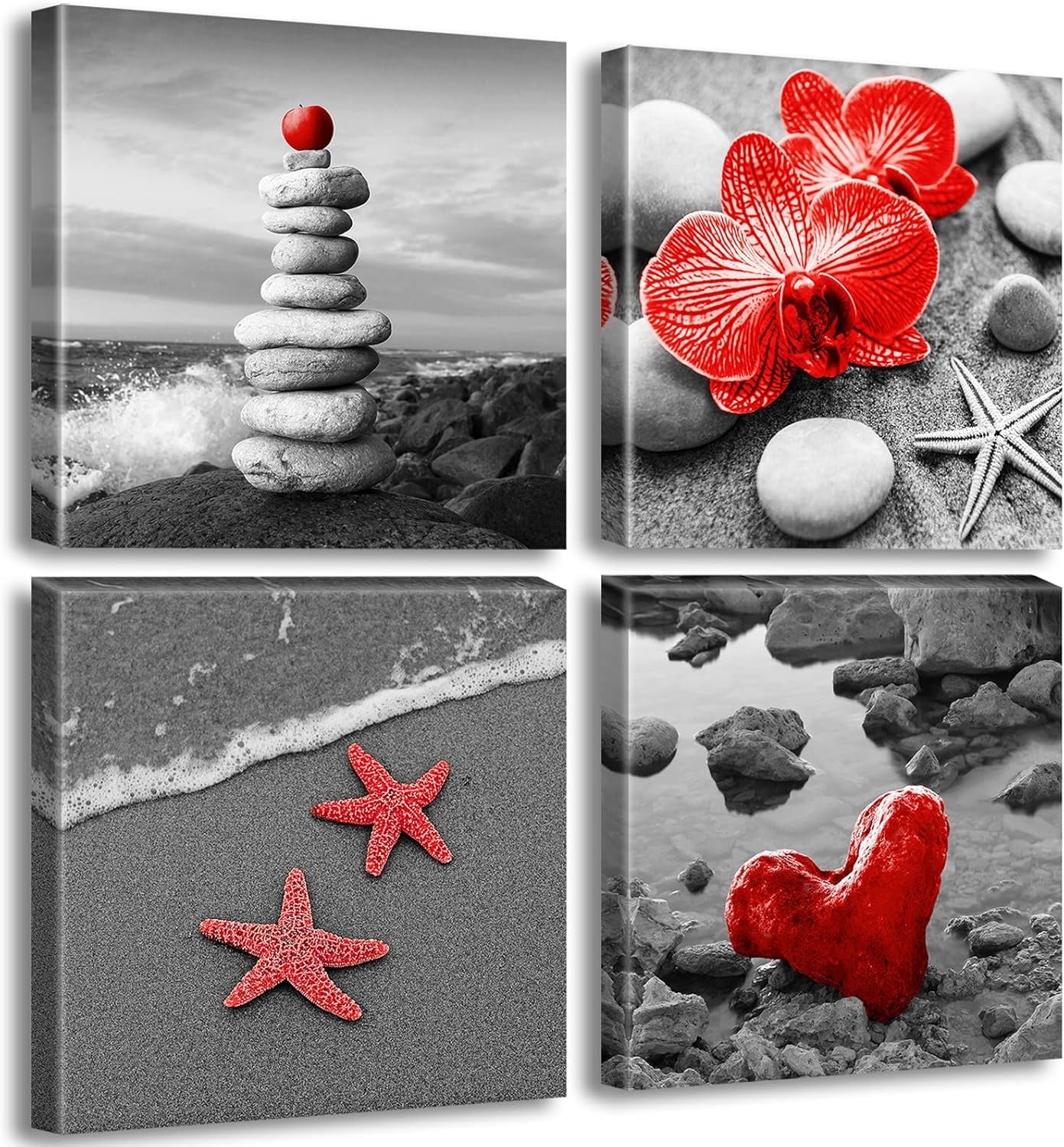 Red Beach Canvas Wall Art, Coastal Seascape Paintings Prints, Zen Sea ...