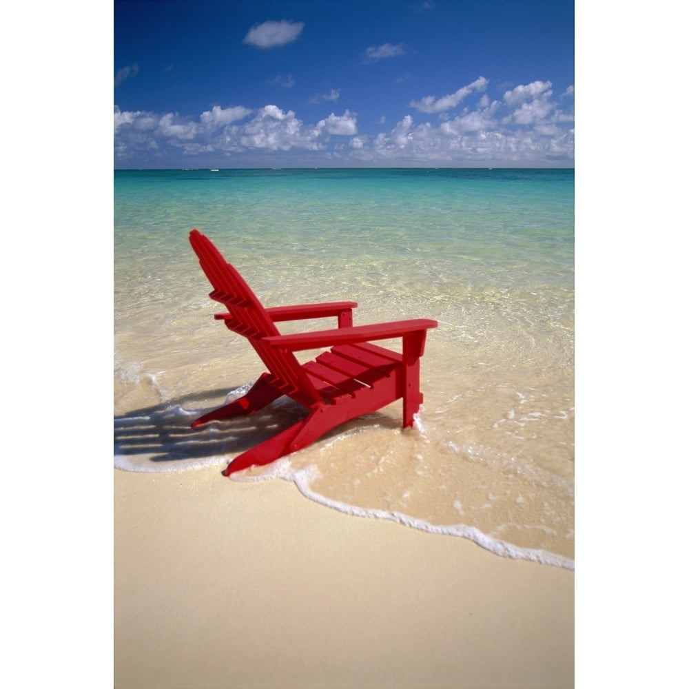 Red Beach Chair Along Shoreline Turquoise Ocean Calm Poster Print ...