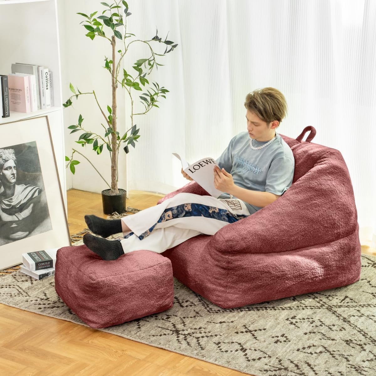 Red Bean Bag Chair for Adults,Bean Bag Chairs with Ottoman and Tufted ...