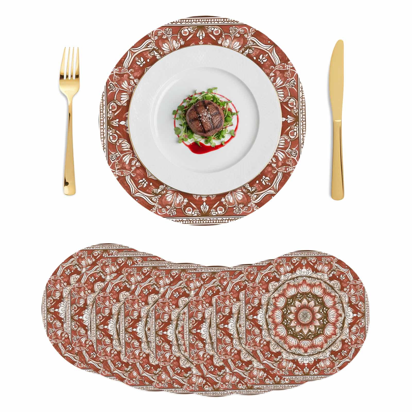 Red Beige Boho Round Placemats Set of 8 Abstract Art Floral Ethnic ...