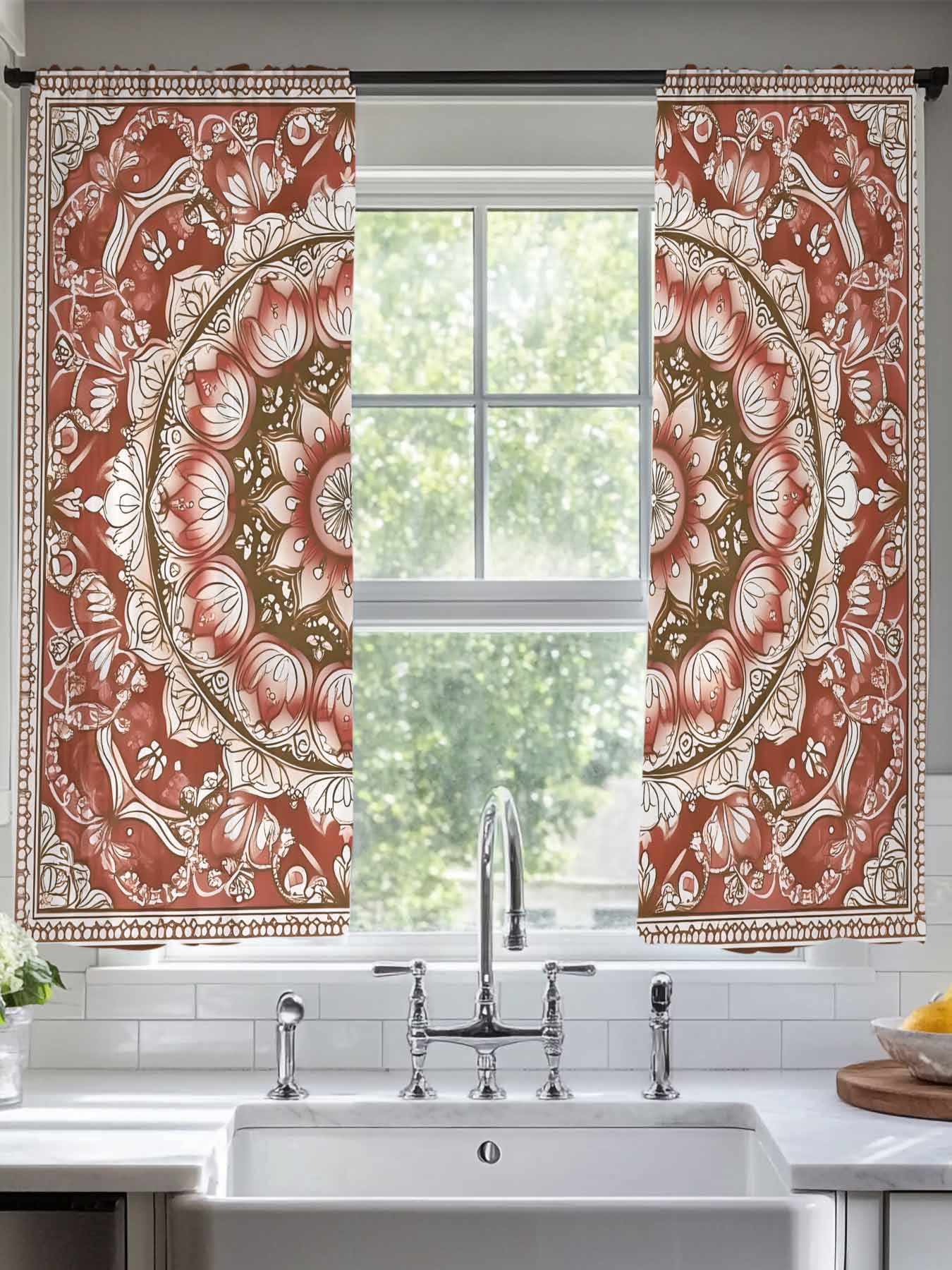 Red Beige Boho Sheer Curtains for Living Room Bedroom Abstract Art ...