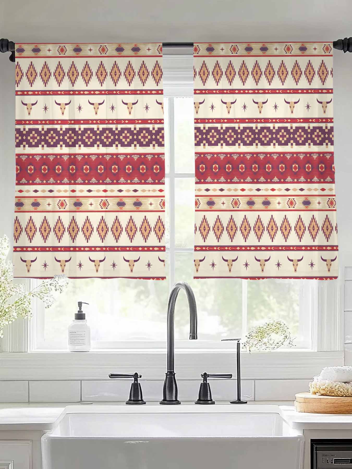 Red Beige Boho Sheer Curtains for Living Room Bedroom Farmhouse Ethnic ...