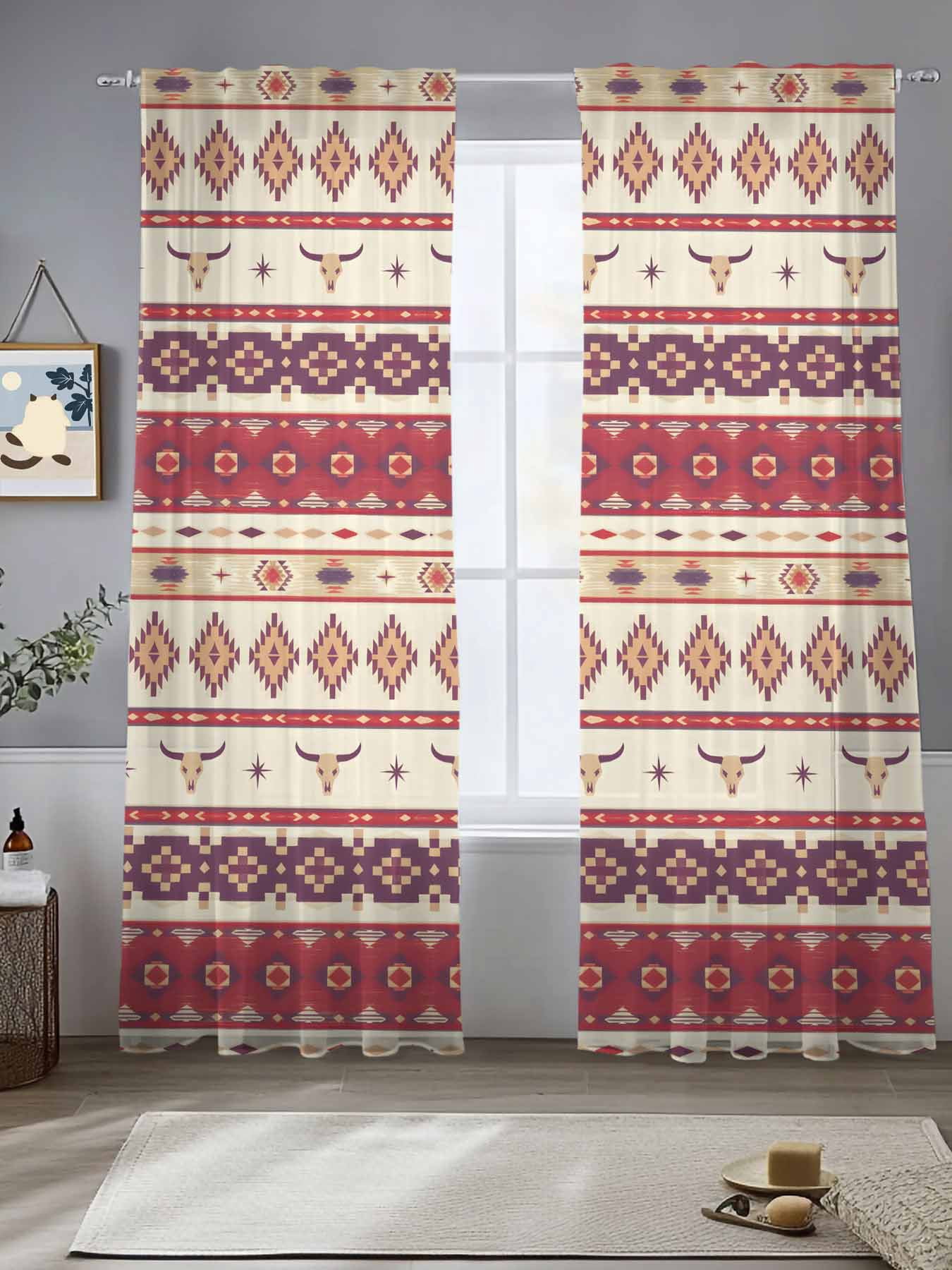 Red Beige Boho Sheer Curtains for Living Room Bedroom Farmhouse Ethnic ...
