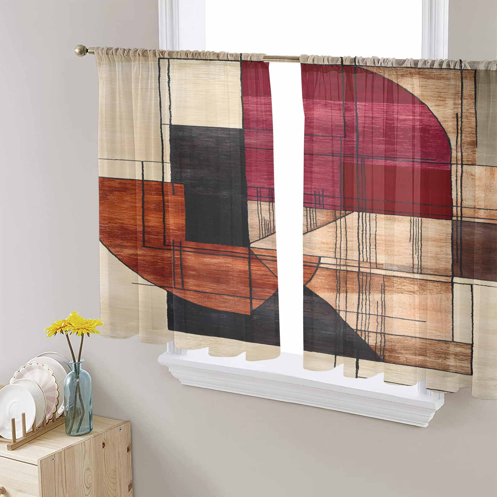 Red Beige Geometric Sheer Curtains 54 Inches Length 2 Panels Set ...