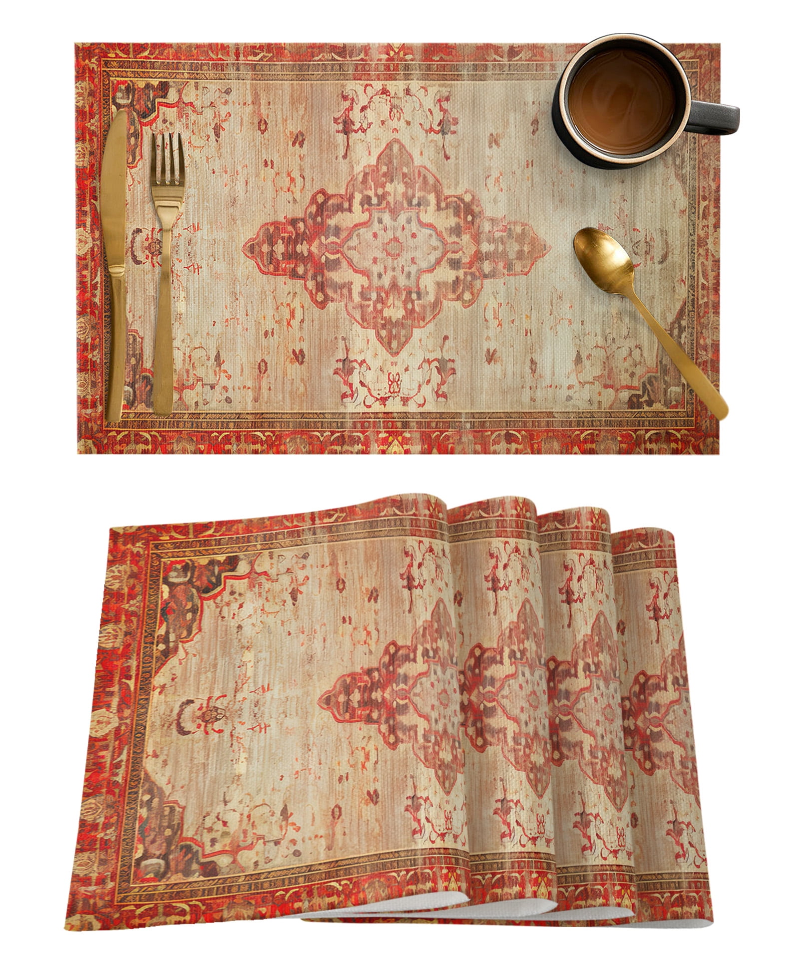 Red Beige Placemats Set of 6, Vintage Boho Ethnic Geometric Abstract ...