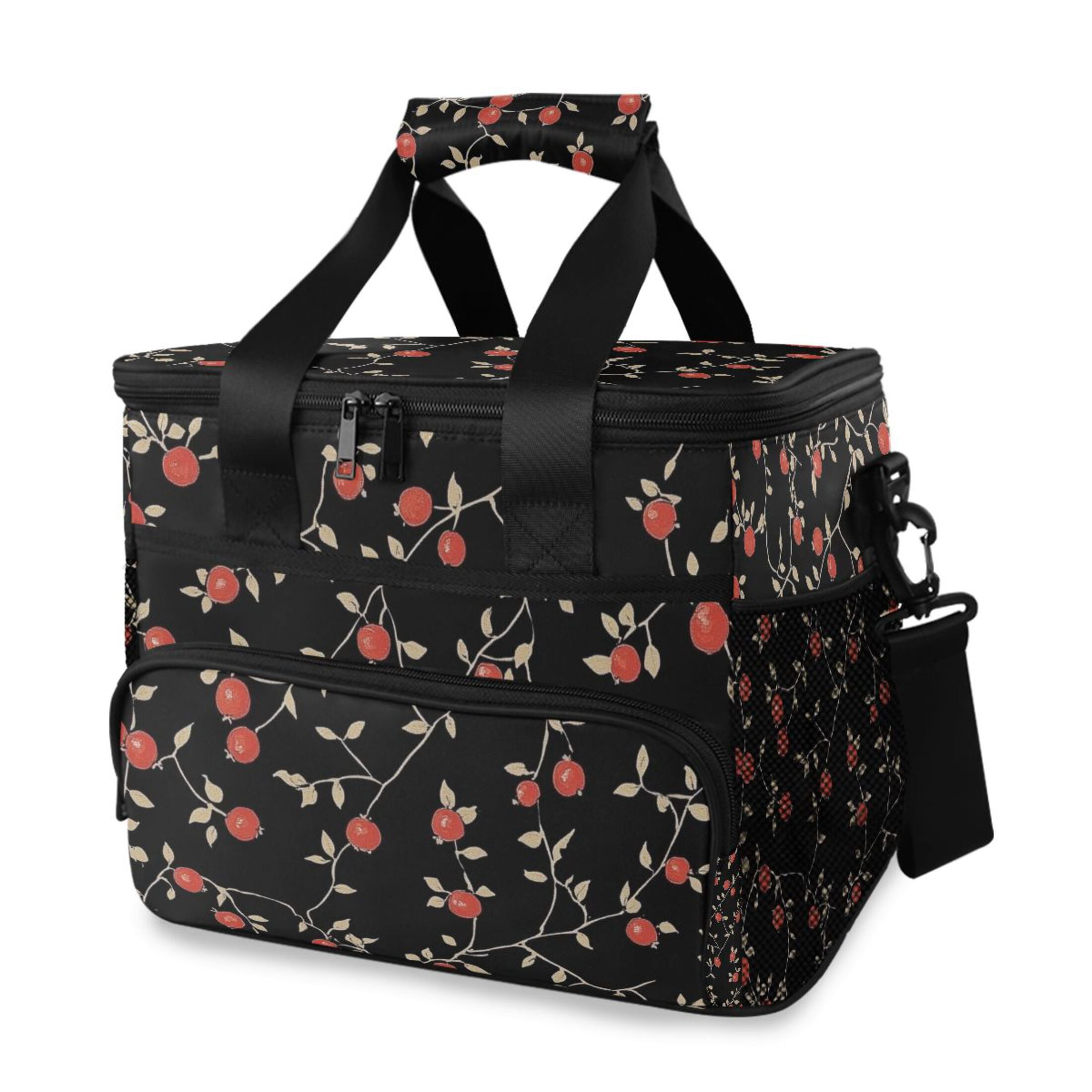 Red Berries on Black Insulated Lunch Bag 15L Cooler Box for Women Men ...
