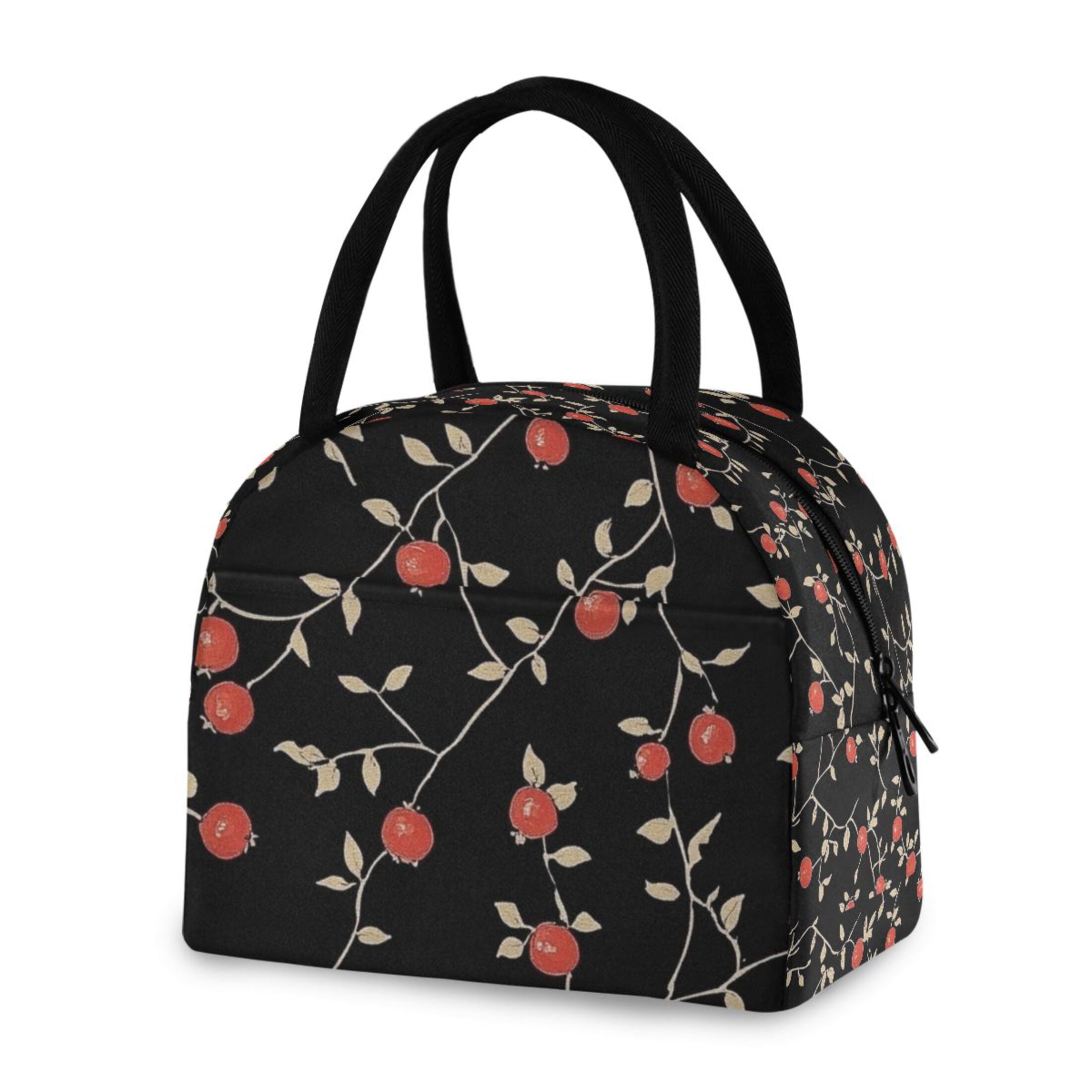 Red Berries on Black Insulated Lunch Bag for Women Portable Lunch Box ...