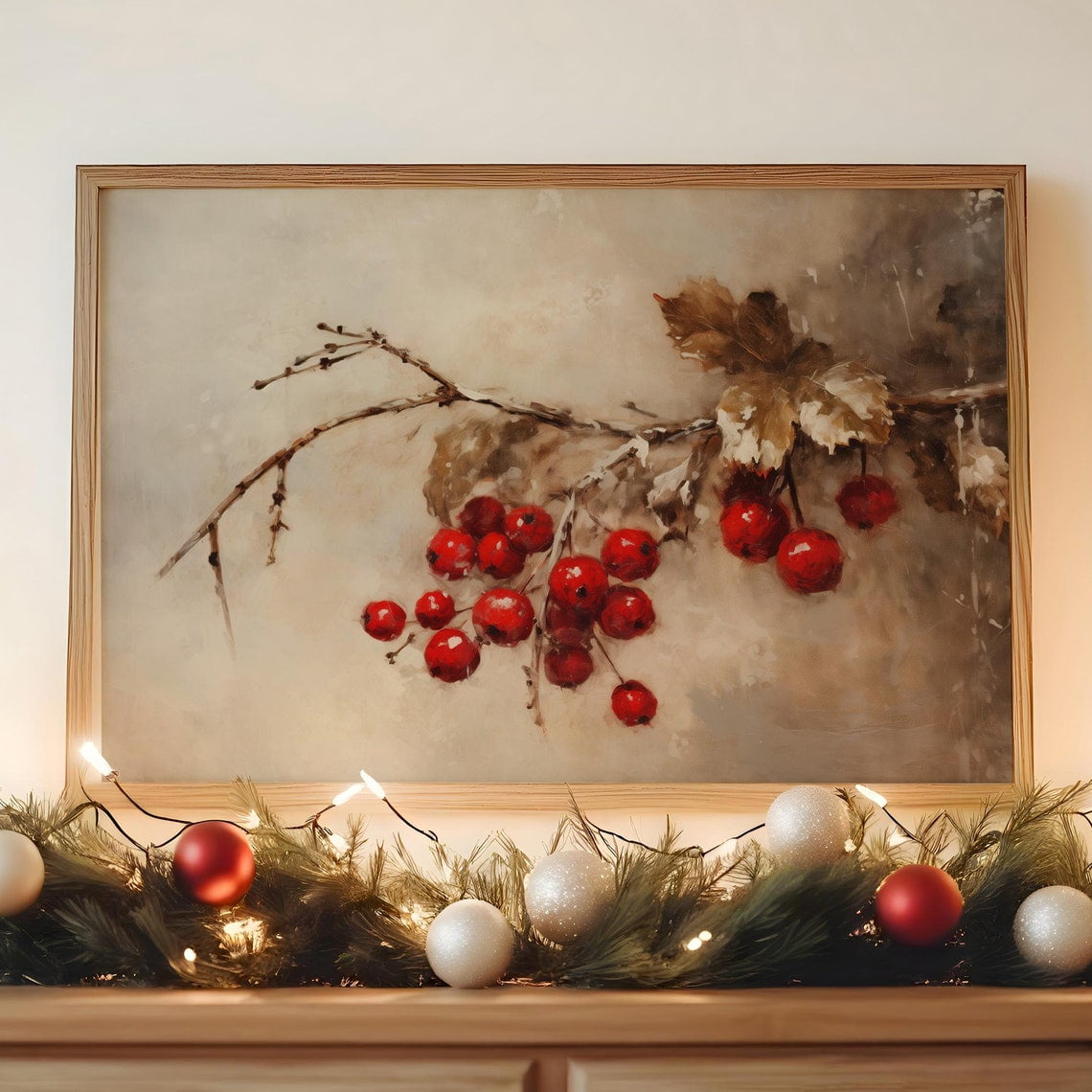 Red Berry Art Print, Vintage Holiday Decor, Rustic Village Wall Art ...