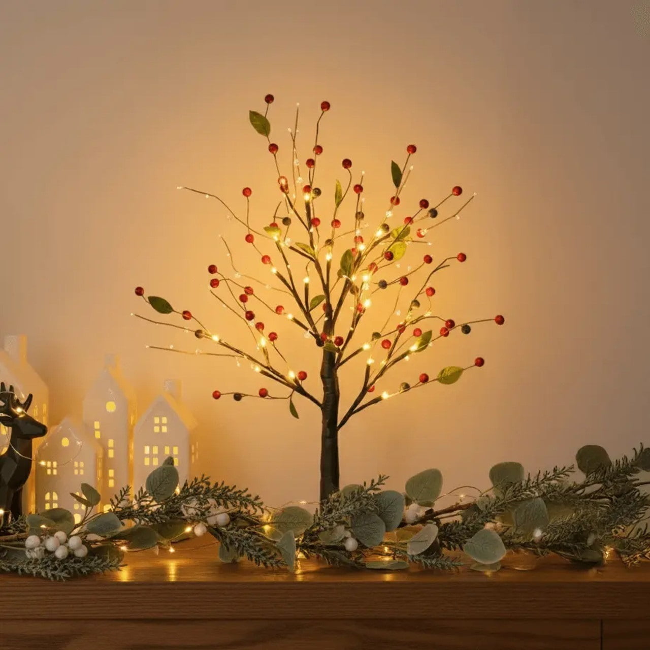 Red Berry Blossom Tree with Lights, 24 LED Twinkling Red Berry ...