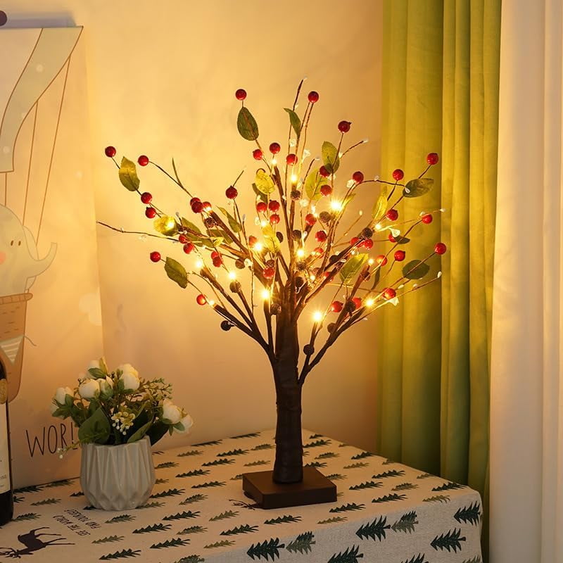 Red Berry Blossom Tree with Lights (21in), 24 LED Christmas Tree ...
