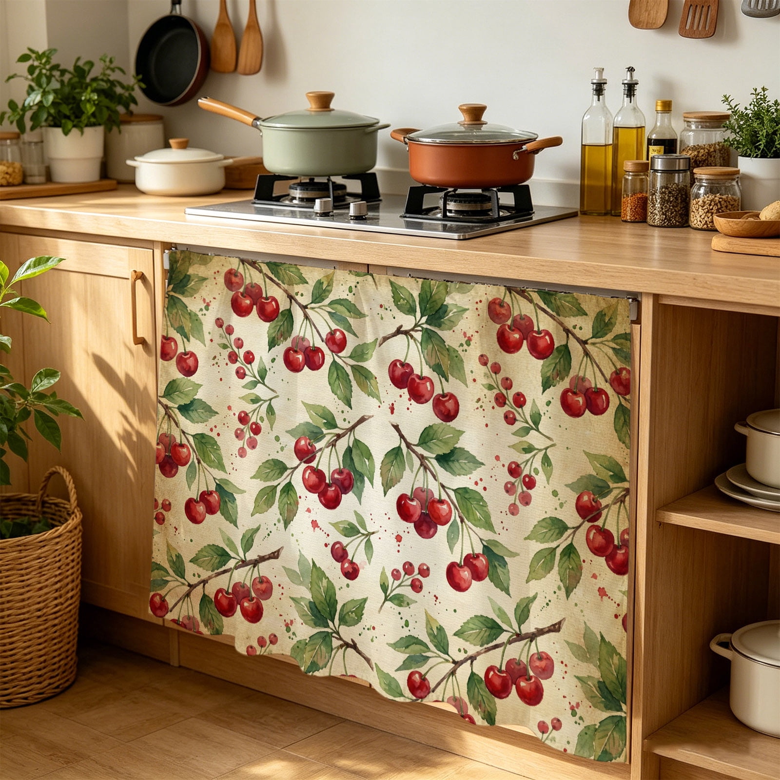 Red Berry Cabinet Curtains 35" W x 35" L, Green Leaves Vintage Rustic ...