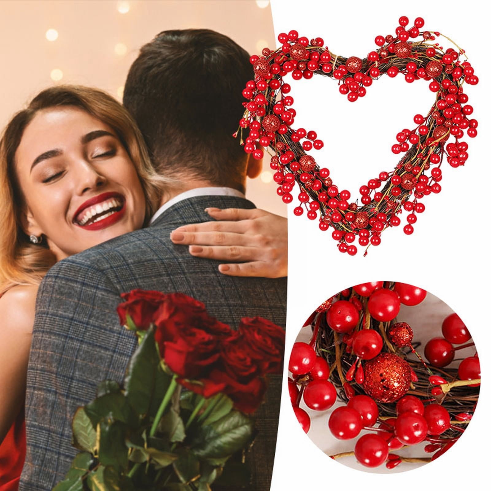 Red Berry Heart Shaped Wreath, 13.8Inch Valentine's Day Heart Shaped ...
