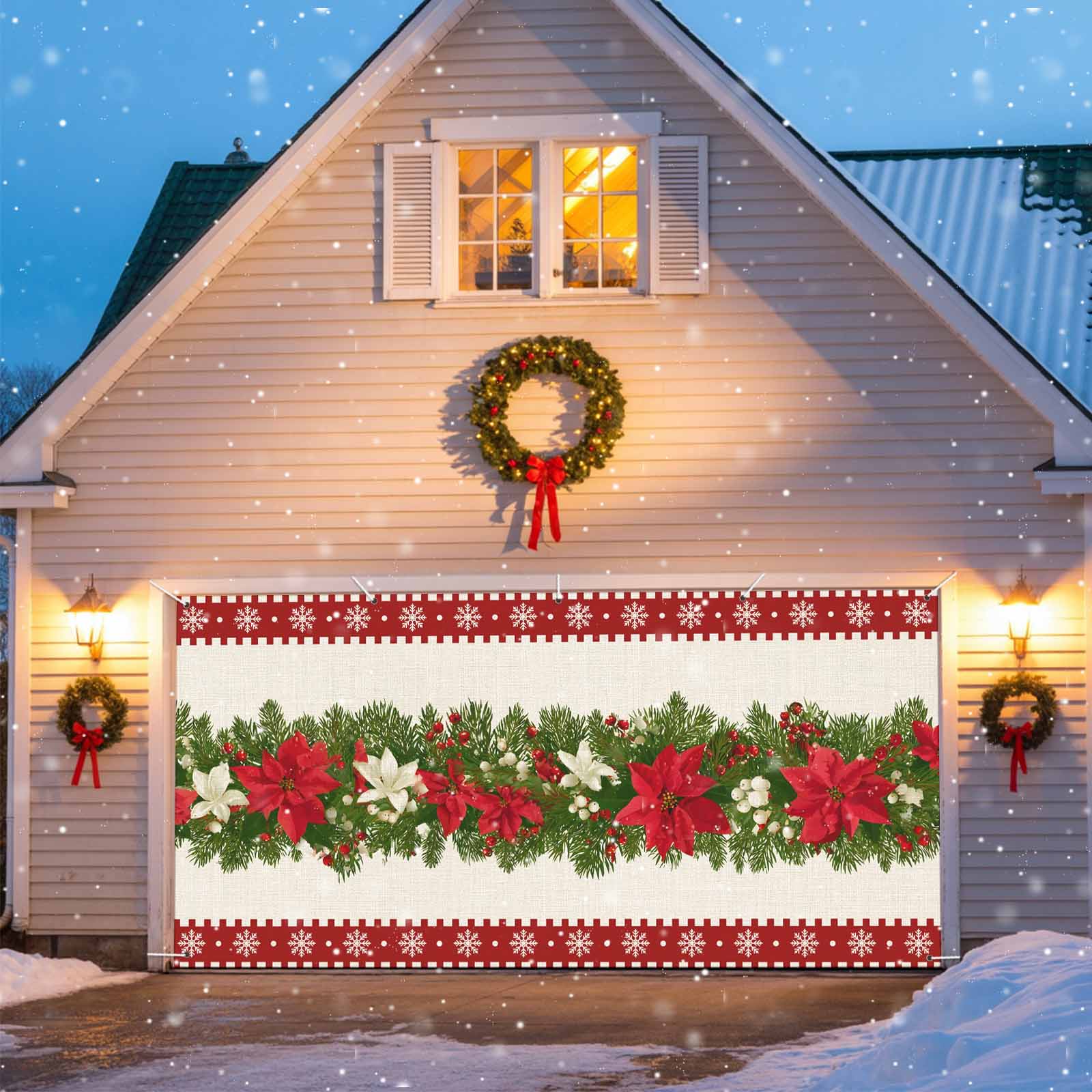 Red Berry Poinsettia Garage Door Decorations, 6x13ft Garage Door Cover ...