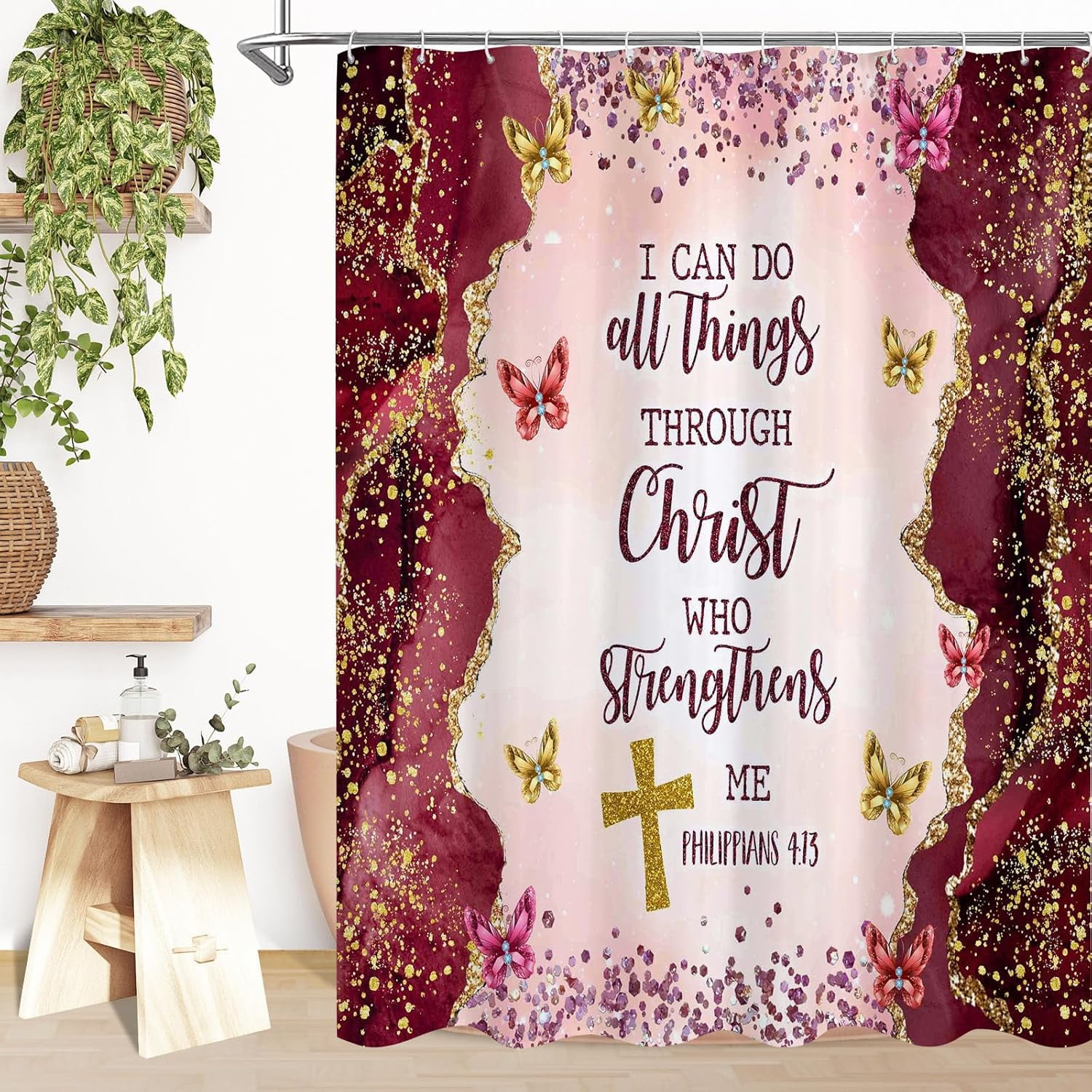 Red Bible Verse Quotes Shower Curtain, Vintage Christian Scripture ...