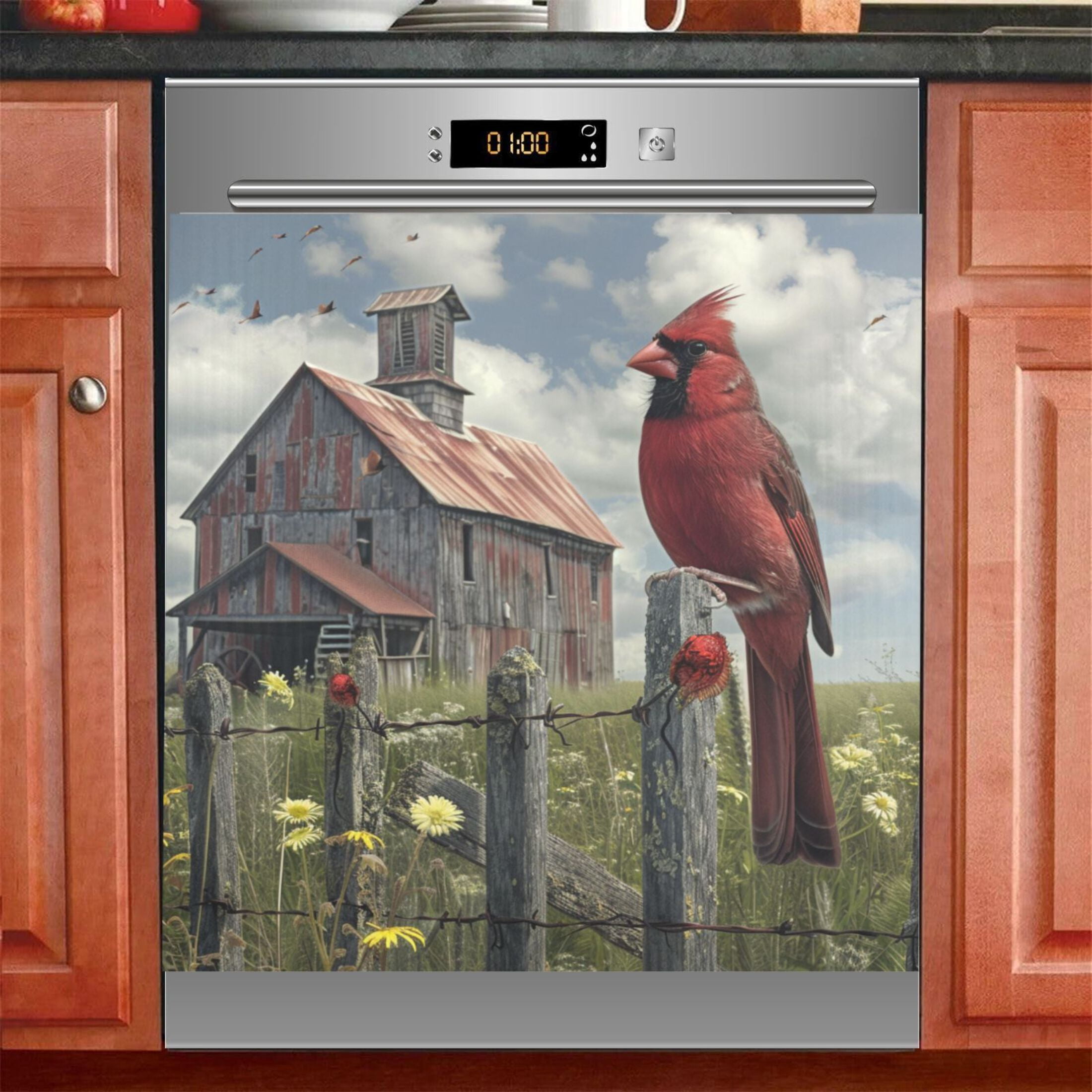 Red Bird Farm House Dishwasher Magnetic Refrigerator Magnet Cover ...