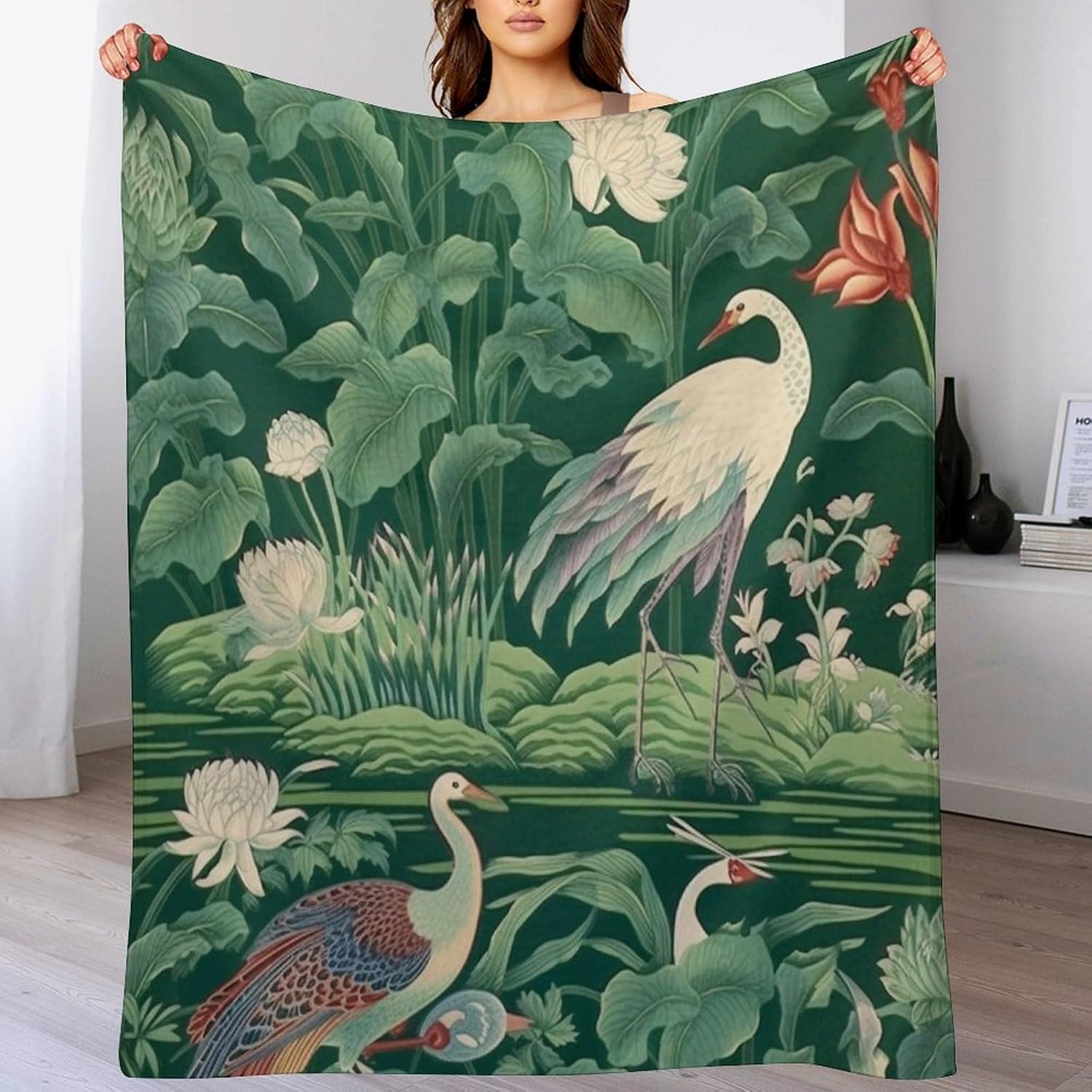 Red Bird Floral Flower Blanket Asian Style Fleece Throw Blanket 60"x80 ...