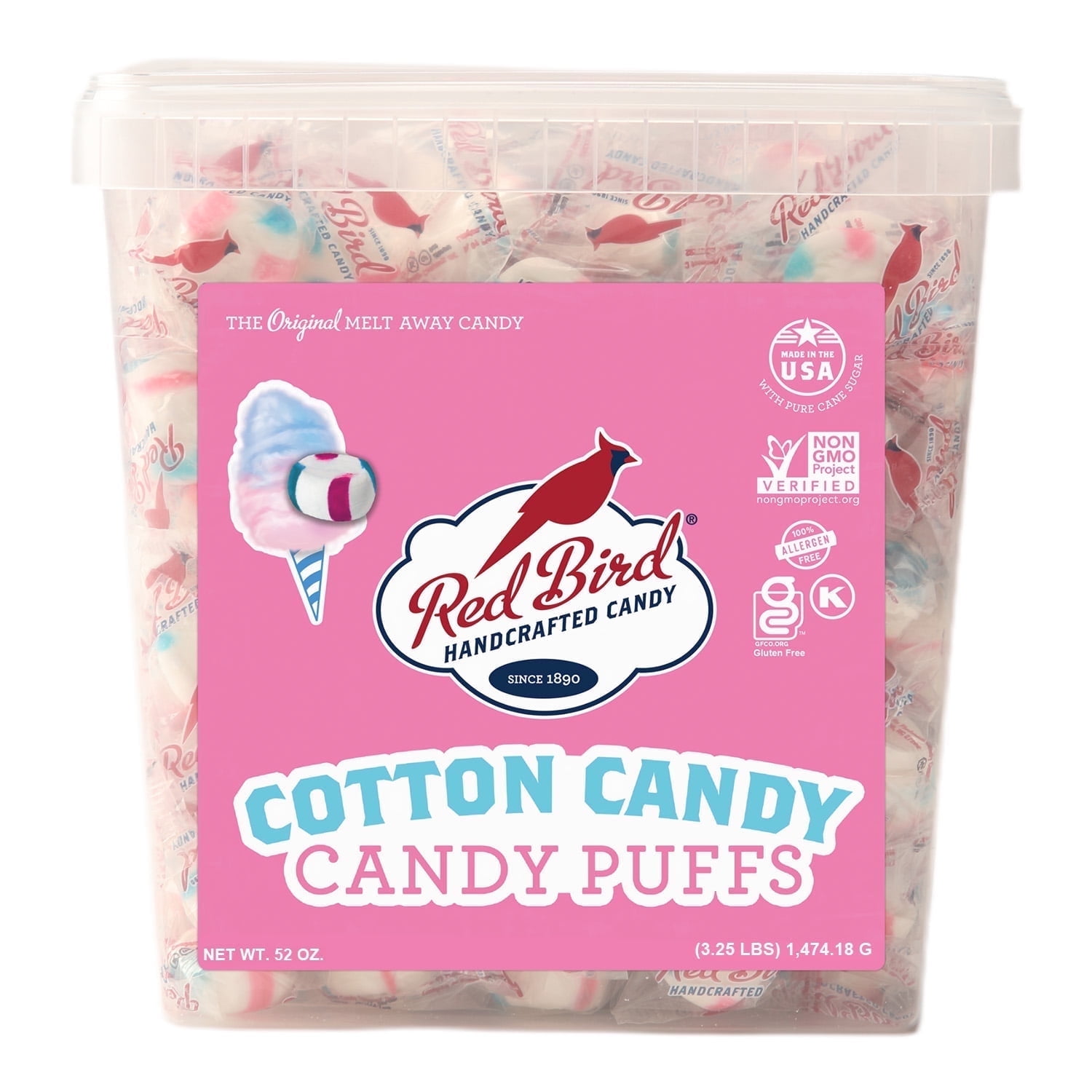 Red Bird Cotton Candy Puffs 52 oz Tub Individually Wrapped Soft Treats ...