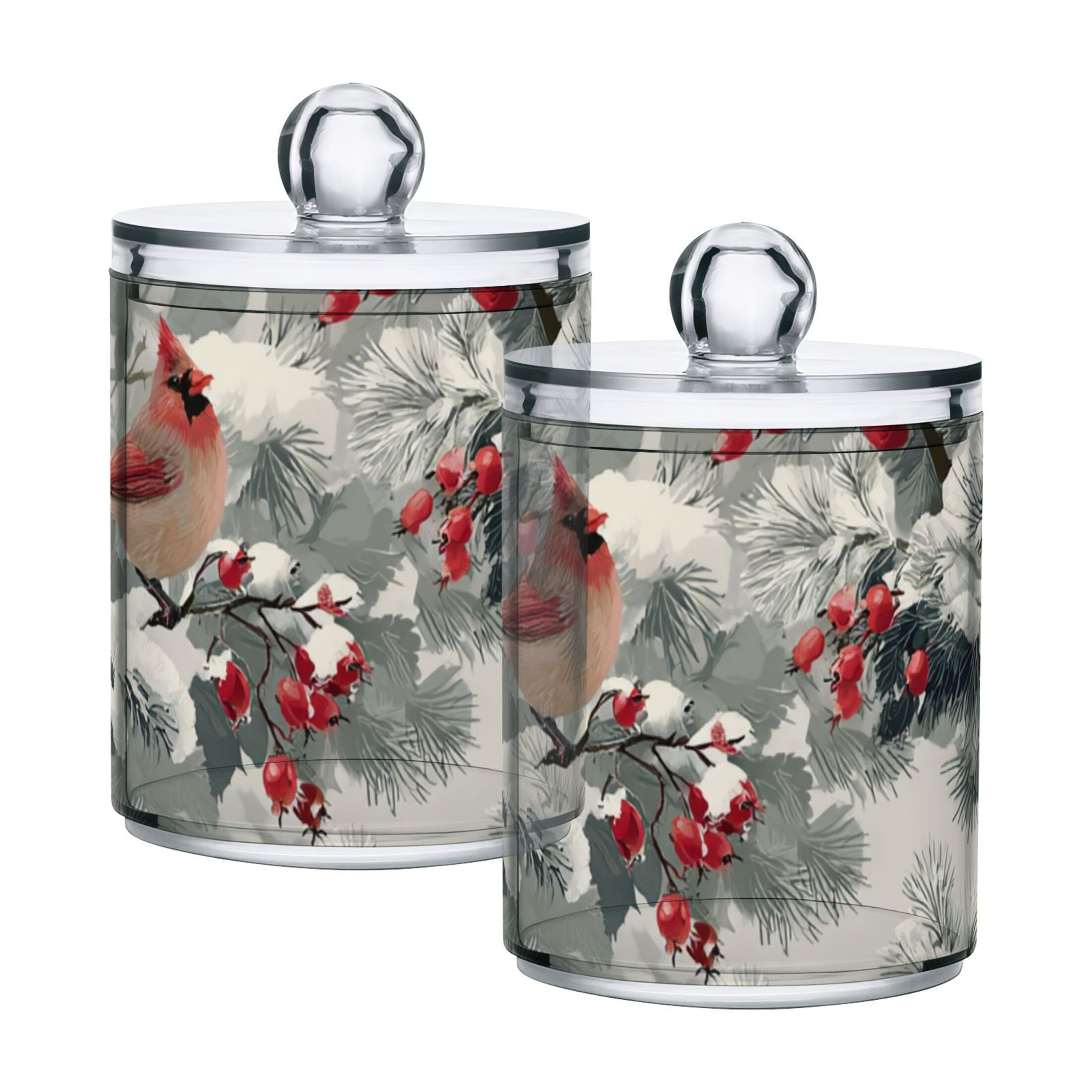 Red Bird Snow Tree Christmas Vintage Translucent Plastic Cans Storage ...