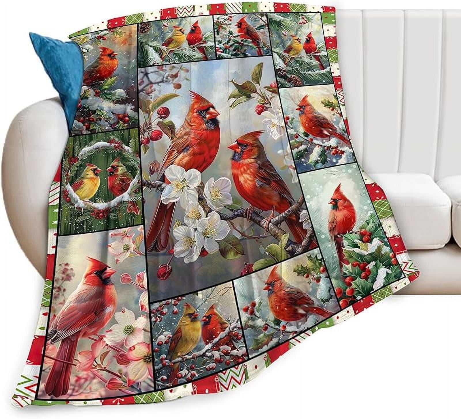 Red Birds Blanket Christmas Bird Throw Blankets Plush Cozy Flannel ...