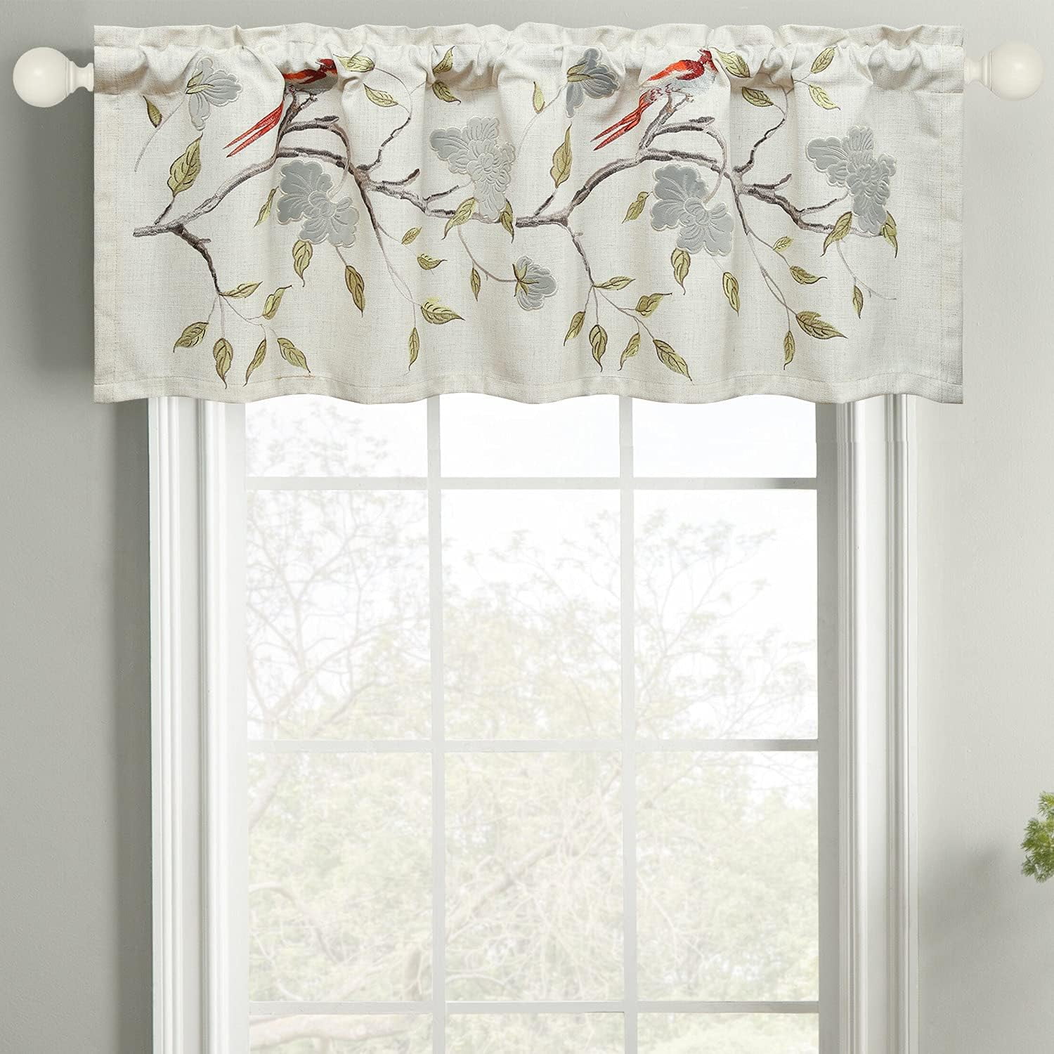 Red Birds Embroidery Valances for Windows, Floral Classic Faux Linen ...