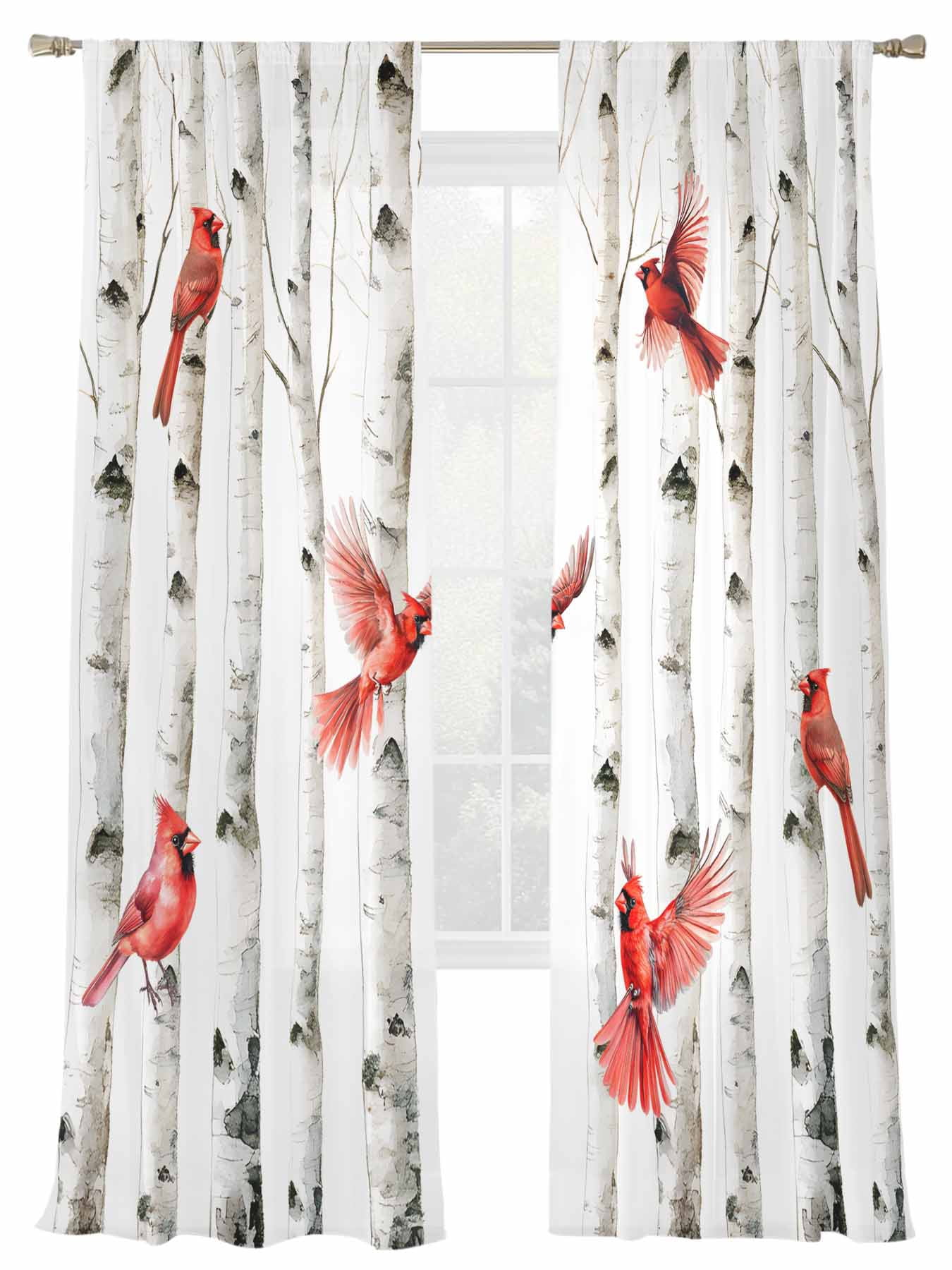 Red Birds Rustic Sheer Curtains 84 Inch Length 2 Panels Set, Semi ...