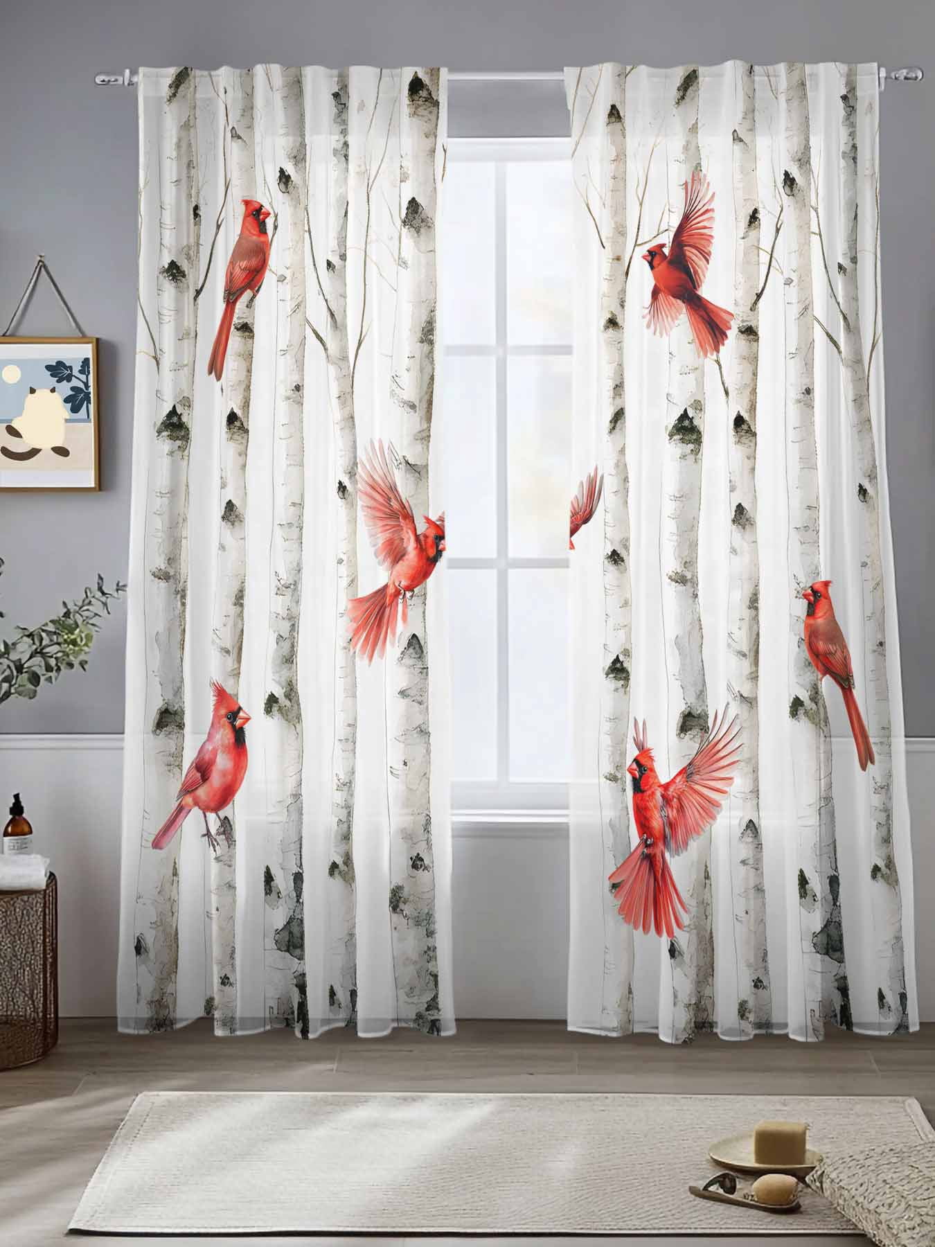 Red Birds Rustic Sheer Curtains for Living Room Bedroom Vintage Country ...