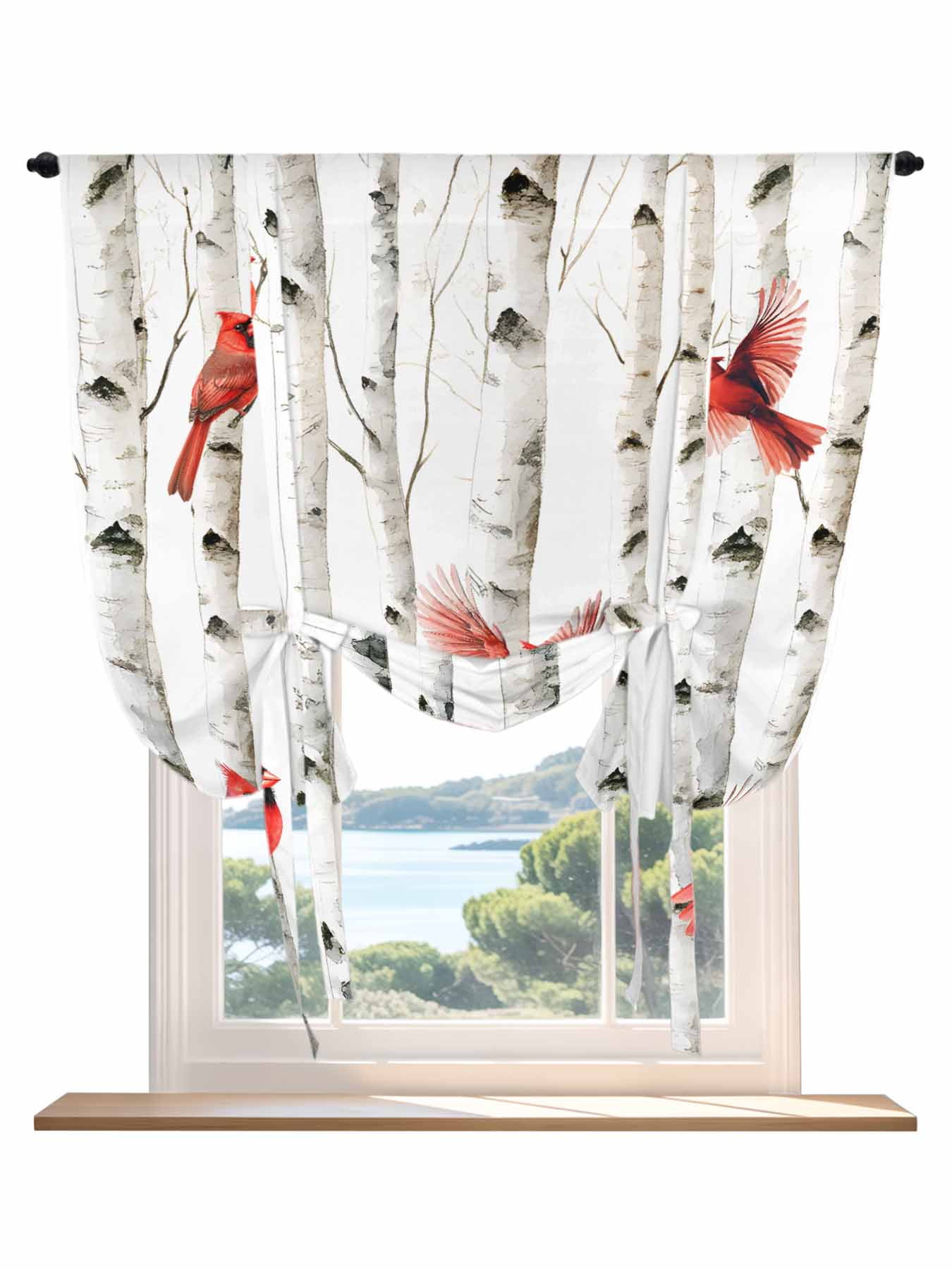 Red Birds Rustic Tie Up Curtains for Windows 45 Inch Length Balloon ...